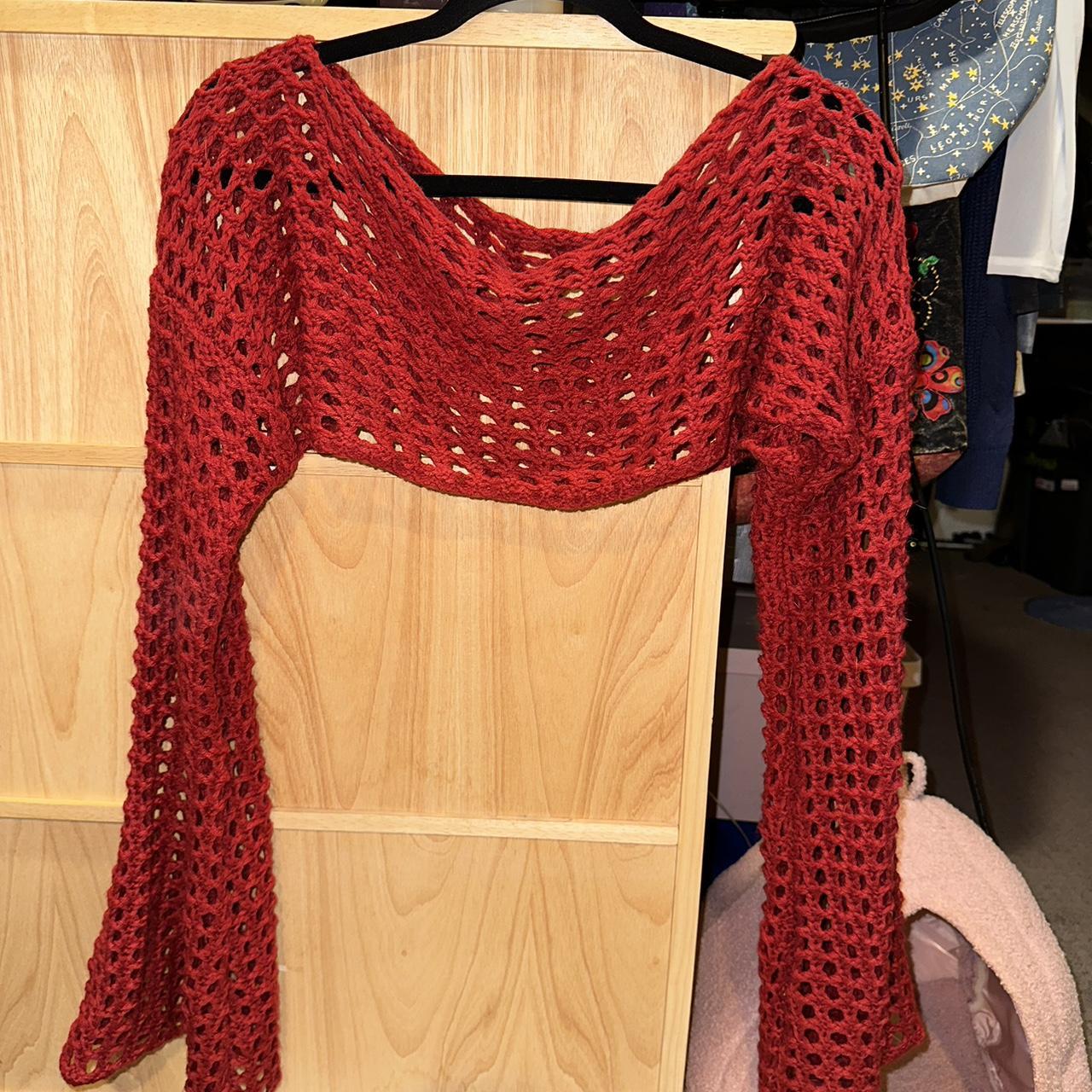 Cropped Red Crochet long sleeve sweater 🍄 oversized... - Depop