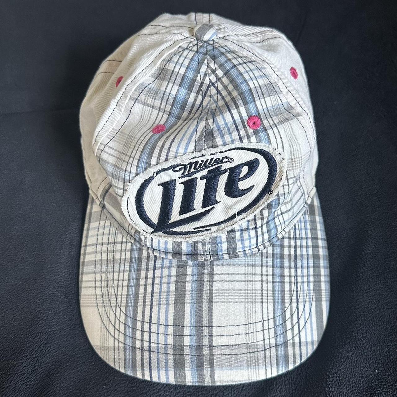 Vintage Miller Lite cap - blue plaid with pink trim... - Depop