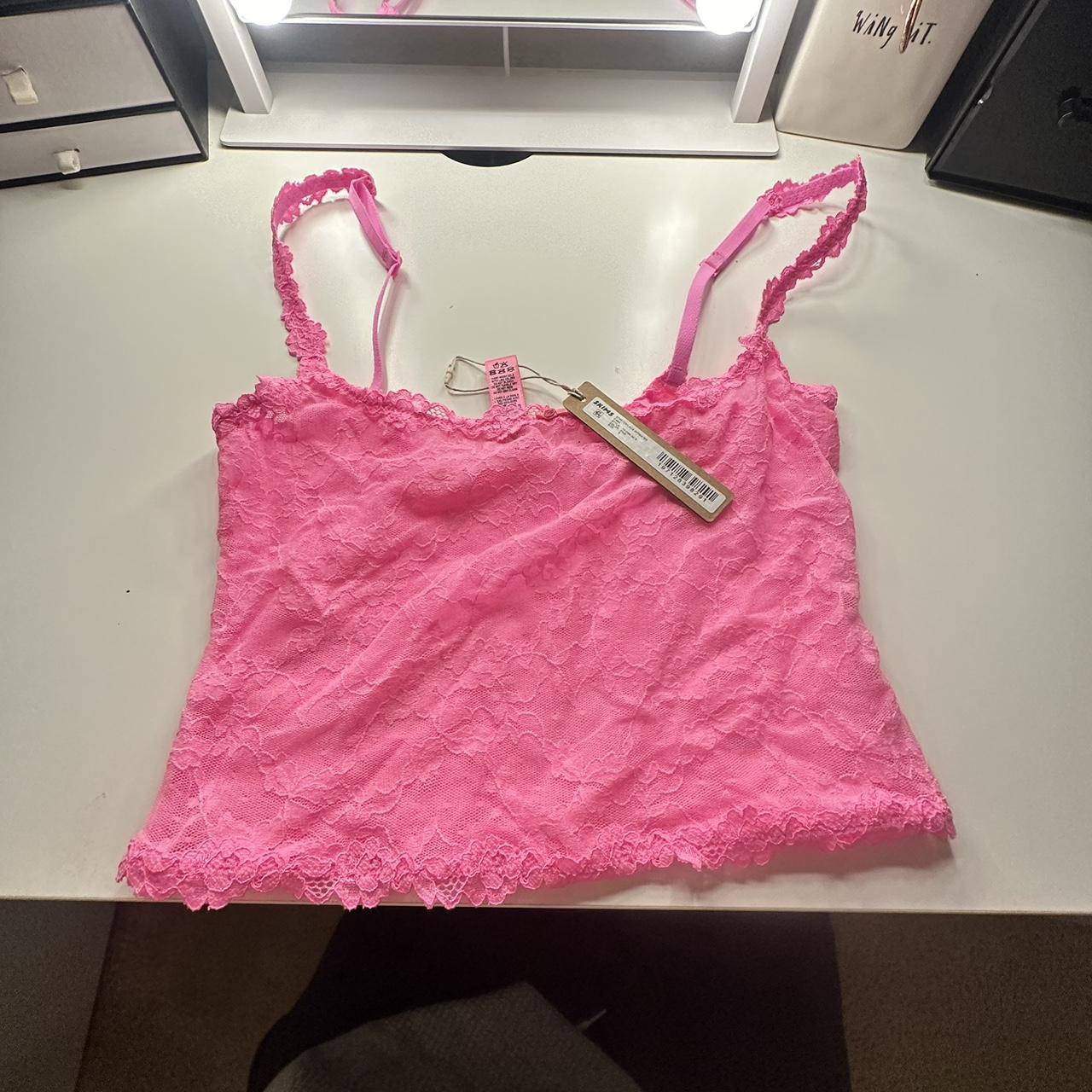 skims pink lace cami top nwt size s stretchy mesh... - Depop
