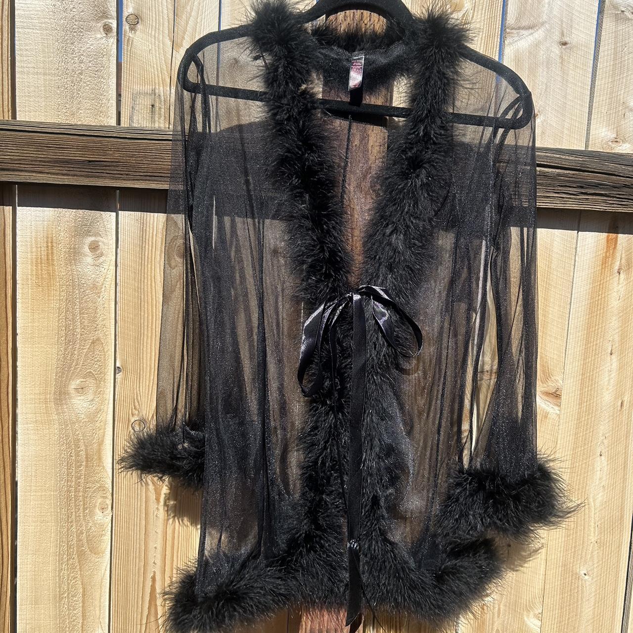 sexy goth short mesh robe with marabou trim and... - Depop