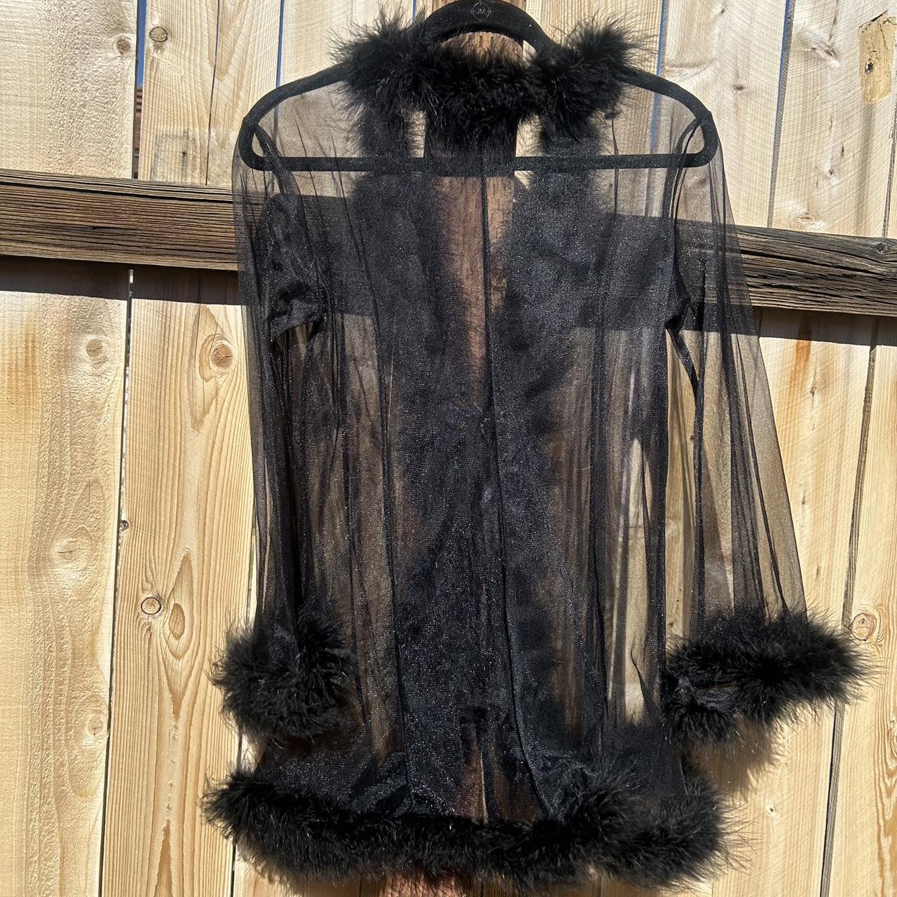 sexy goth short mesh robe with marabou trim and... - Depop