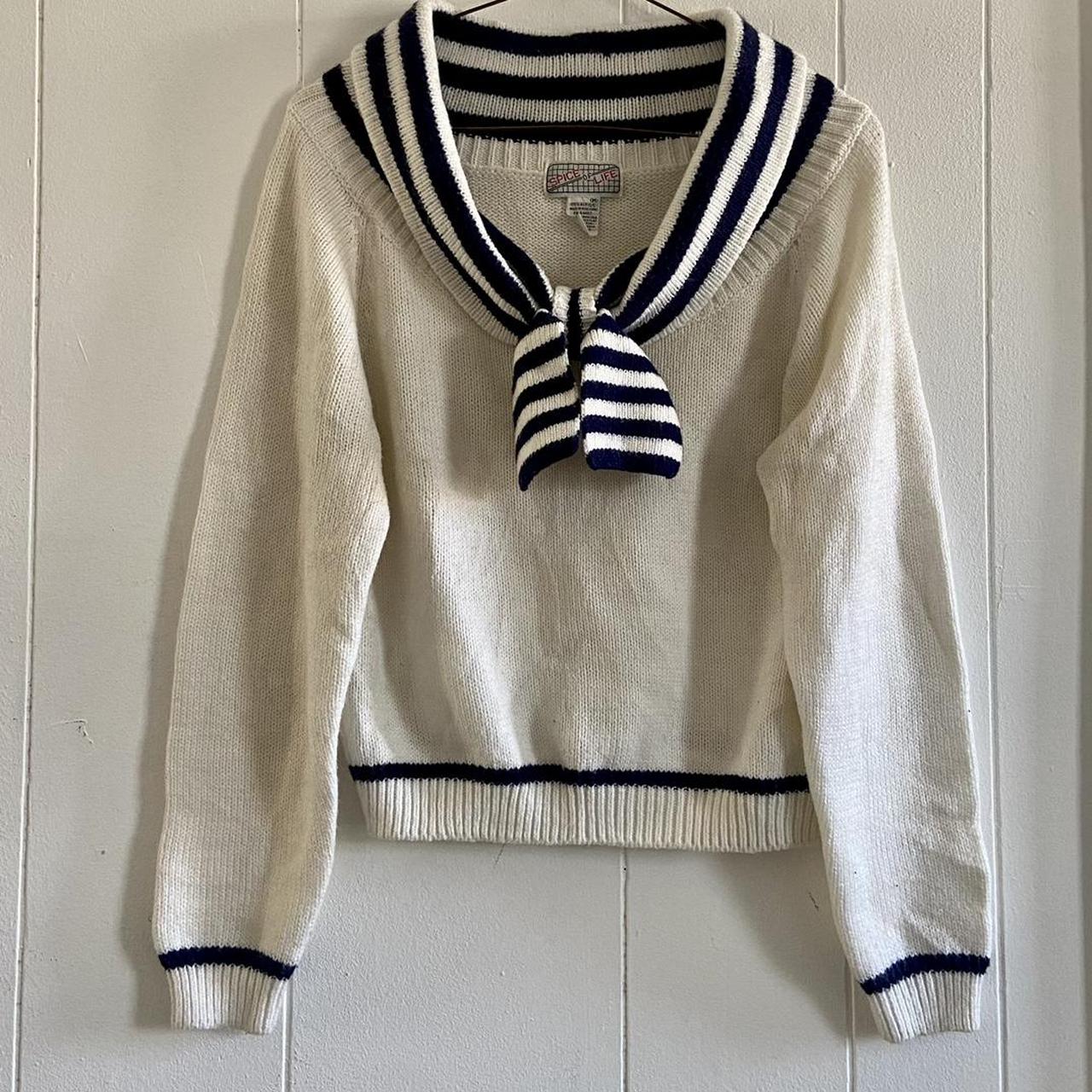 Vintage 90s retro sailor sweater in white with navy... - Depop