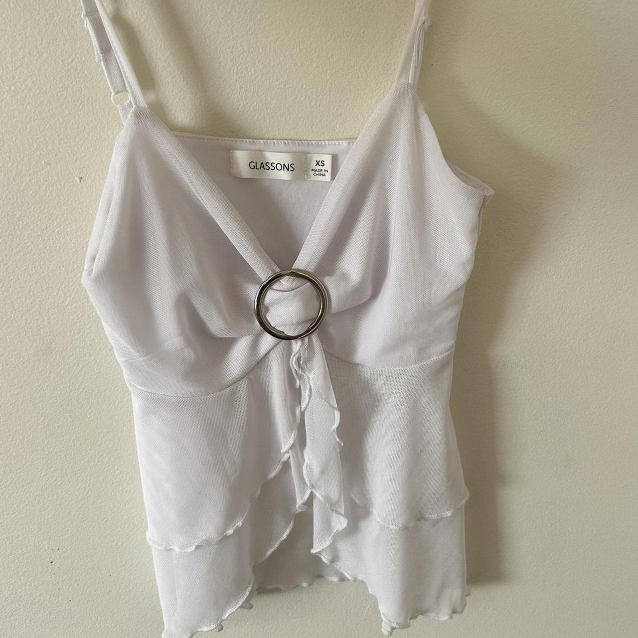 GLASSONS WHITE SPLIT WITH RING DETAIL MESH TANK... - Depop