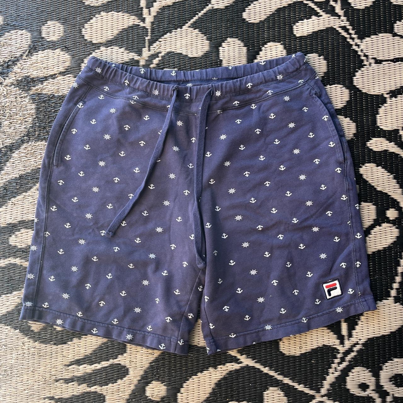 men’s size medium navy blue fila shorts with white... - Depop