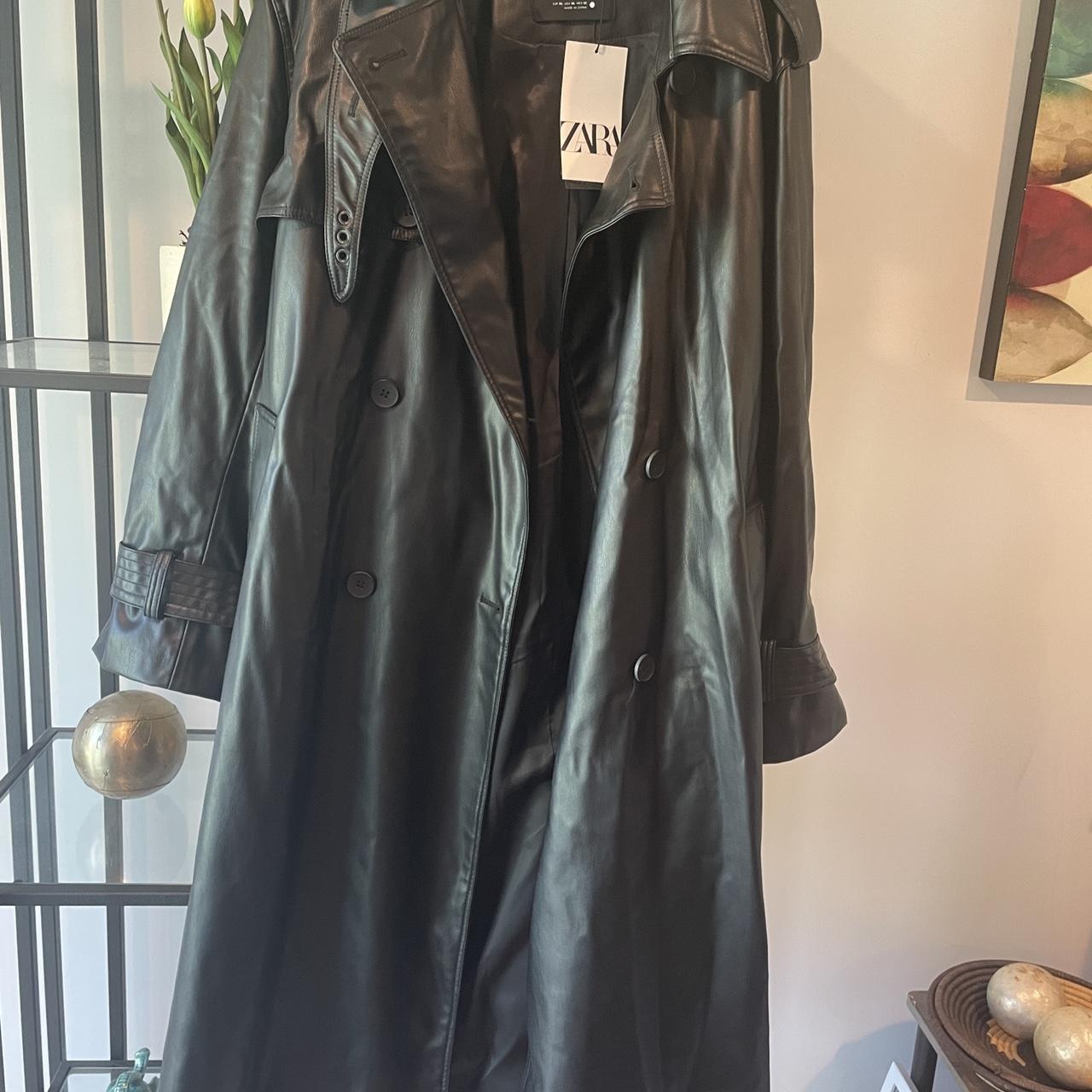 Zara long black belted rain Faux Leather Trench Coat... - Depop