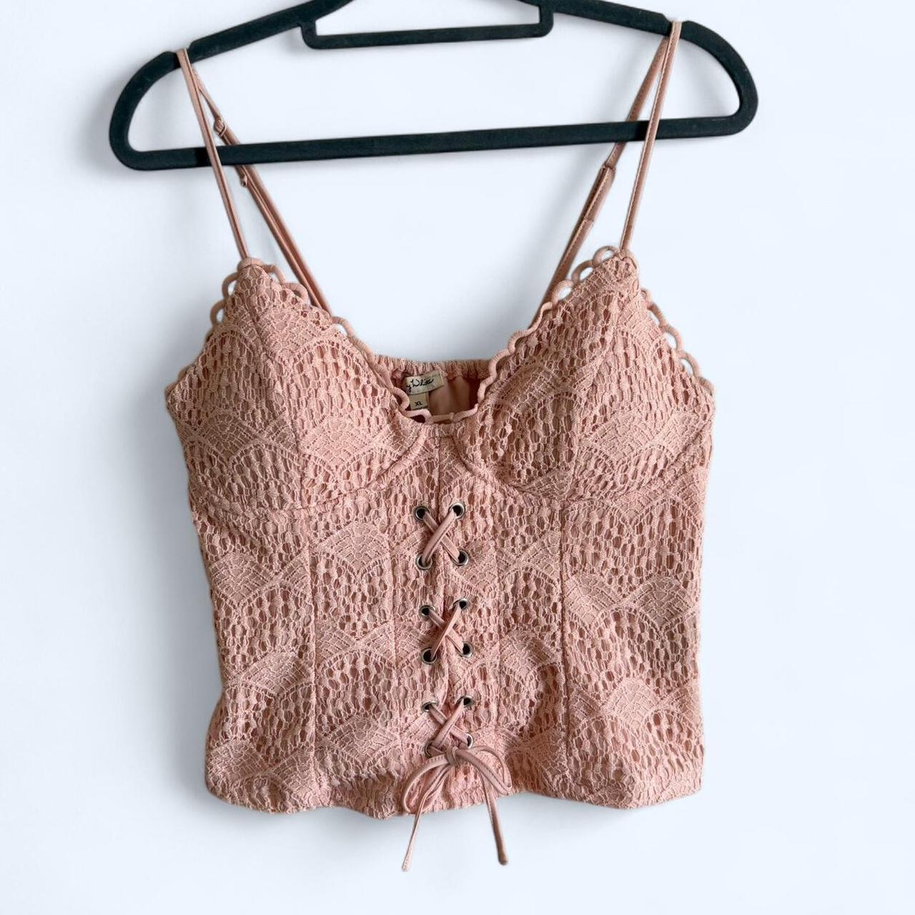 Pink lace crop top with lace up front detail ... | Depop