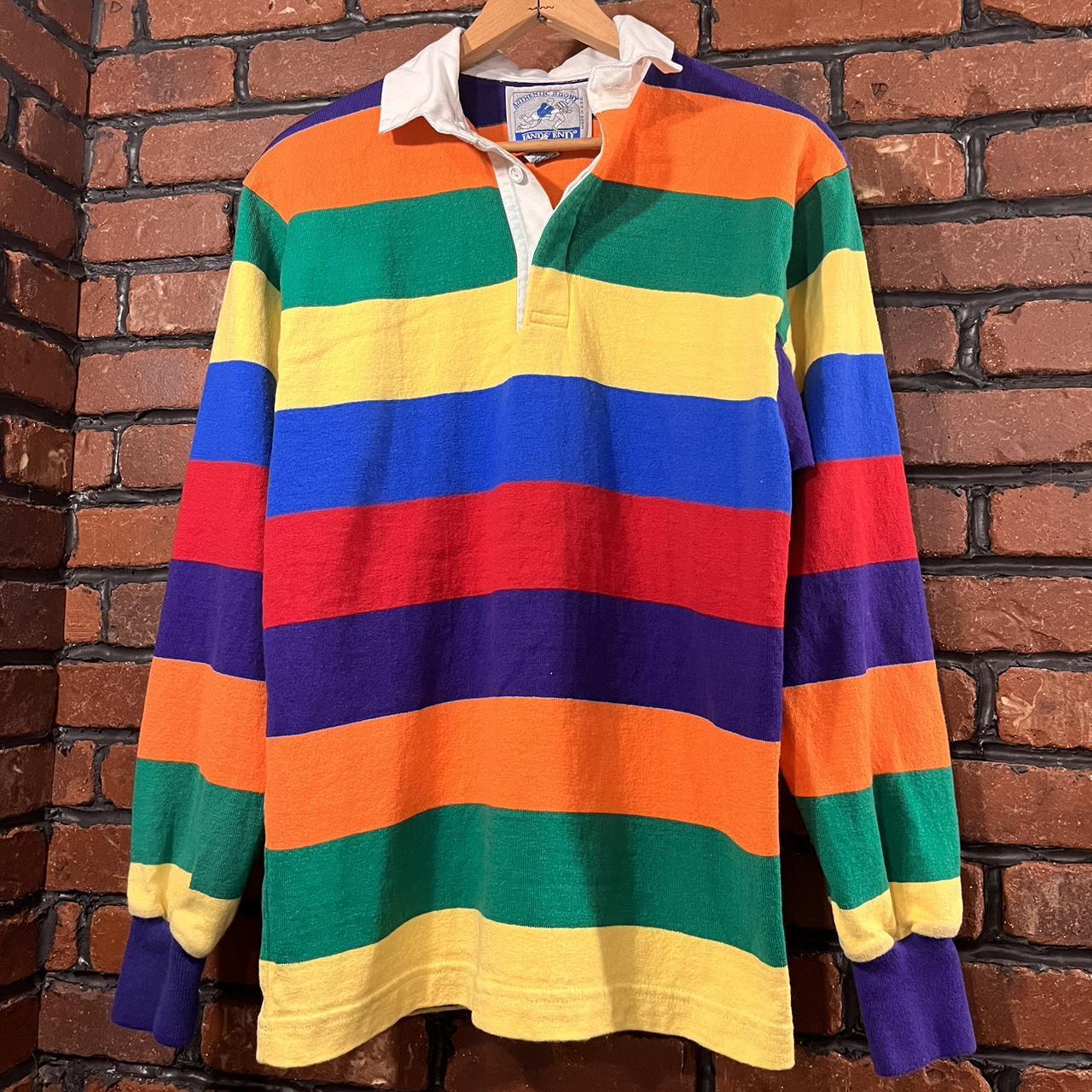 Land’s End Rainbow Multi Color Rugby Shirt Size:... - Depop