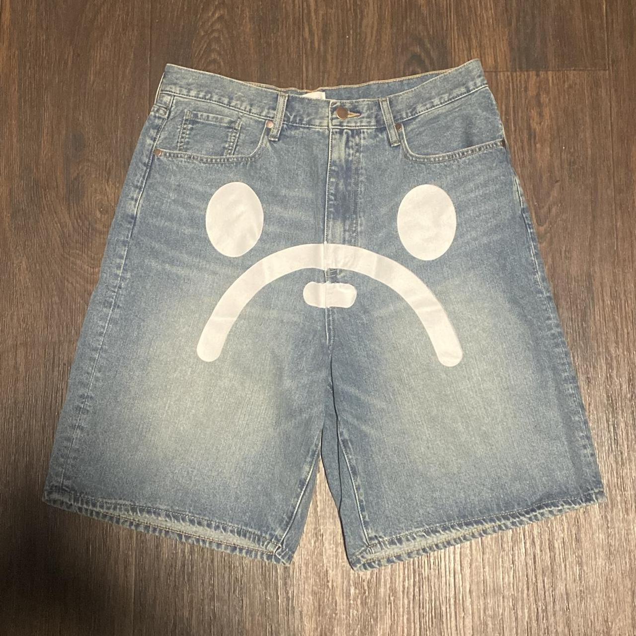 BAGGY BAPE JORTS SAD BABY MILO FACE PRINT ON DA... - Depop