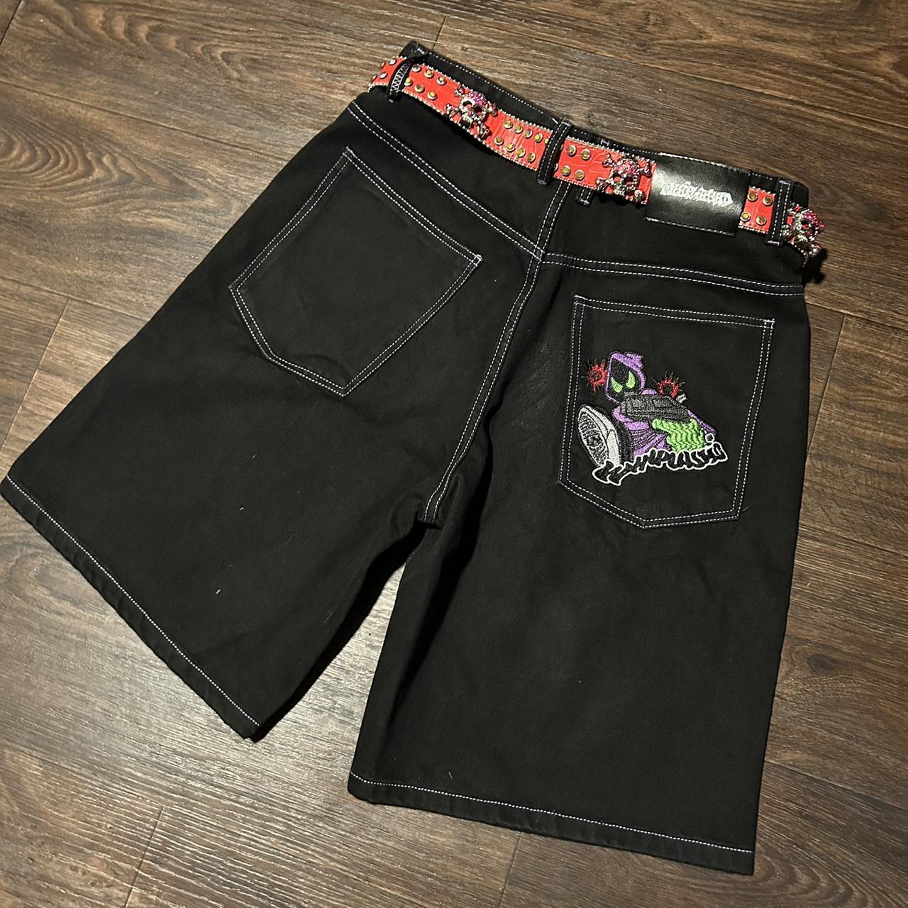 BAGGY PURPLE STITCH JORTS ‼️ EMBROIDERED... - Depop