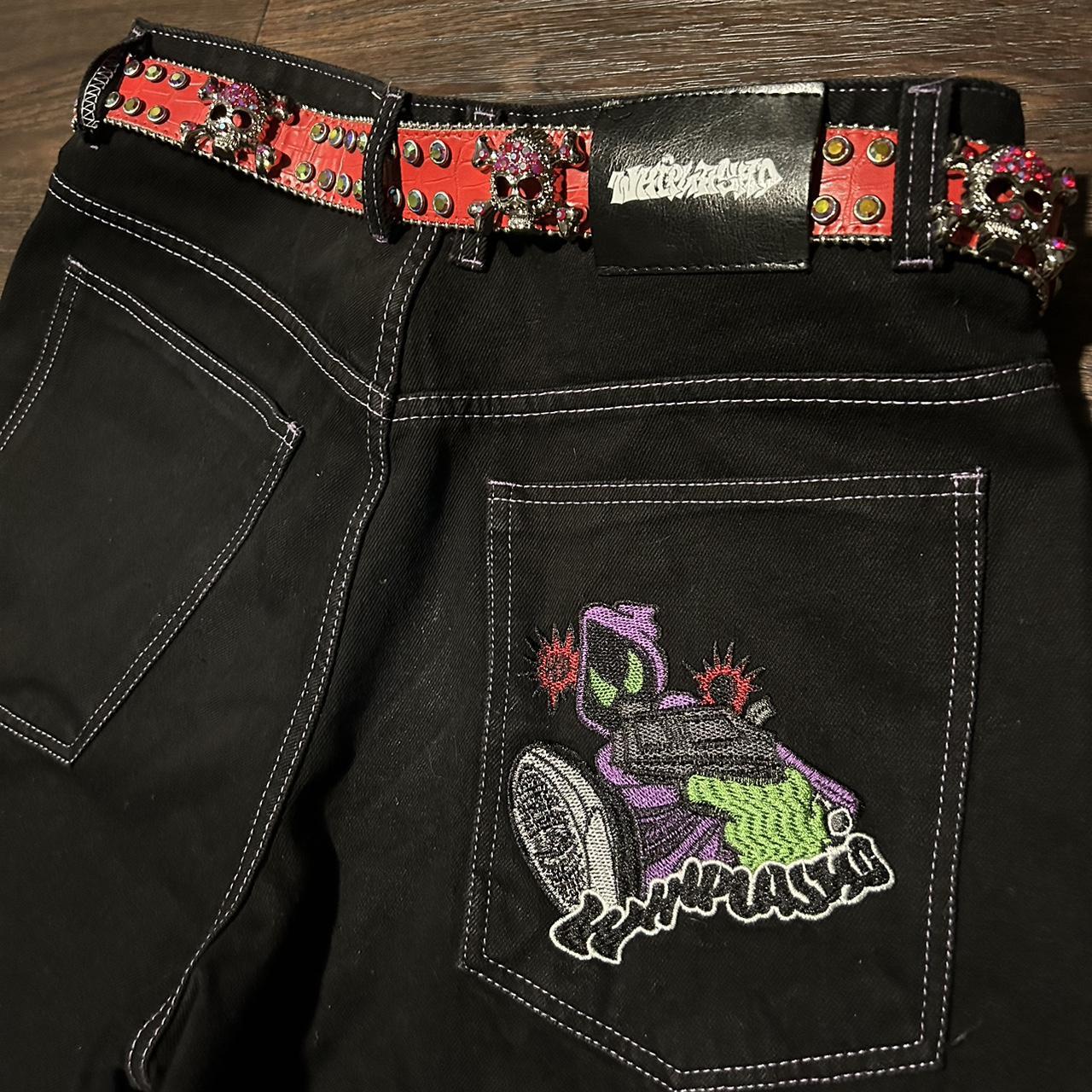 BAGGY PURPLE STITCH JORTS ‼️ EMBROIDERED... - Depop