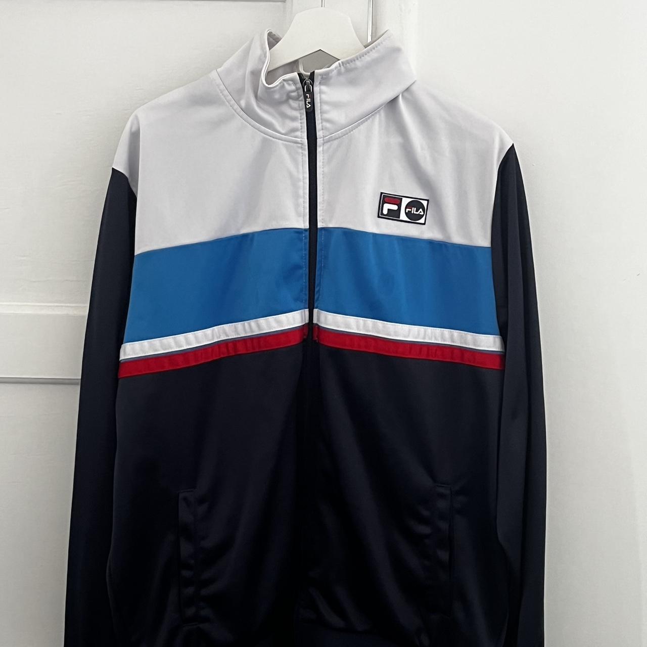 Fila navy and white track top. Will fit an xl | Depop