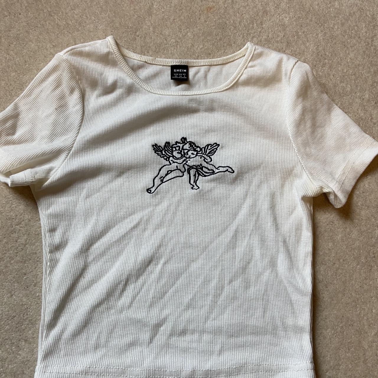 Angel crop top White ribbed Angel embroidery Size... - Depop