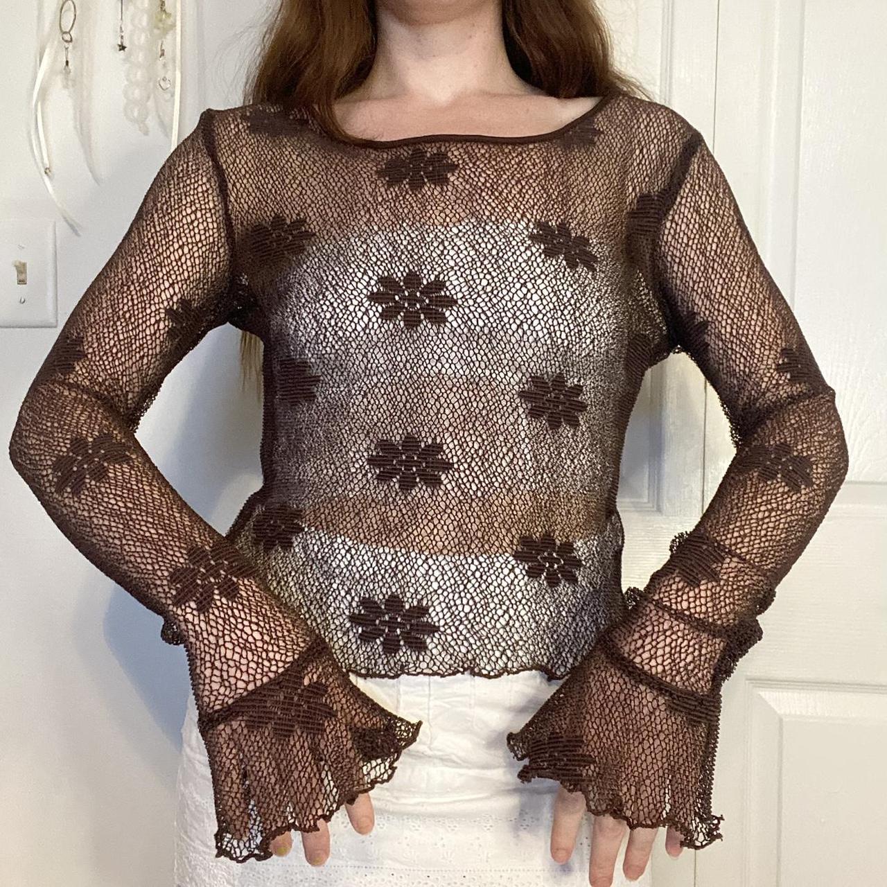 90s y2k brown flower net mesh top - brown bell... - Depop
