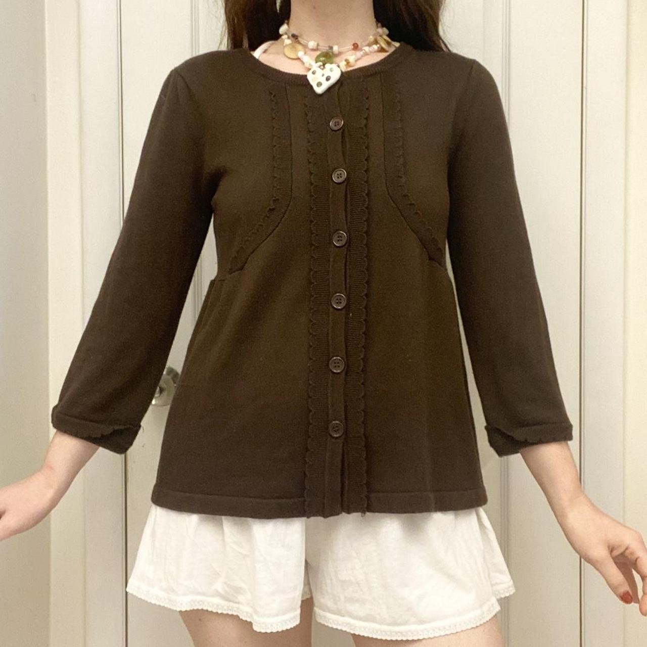 Y2k brown twee button front scalloped sweater -... - Depop