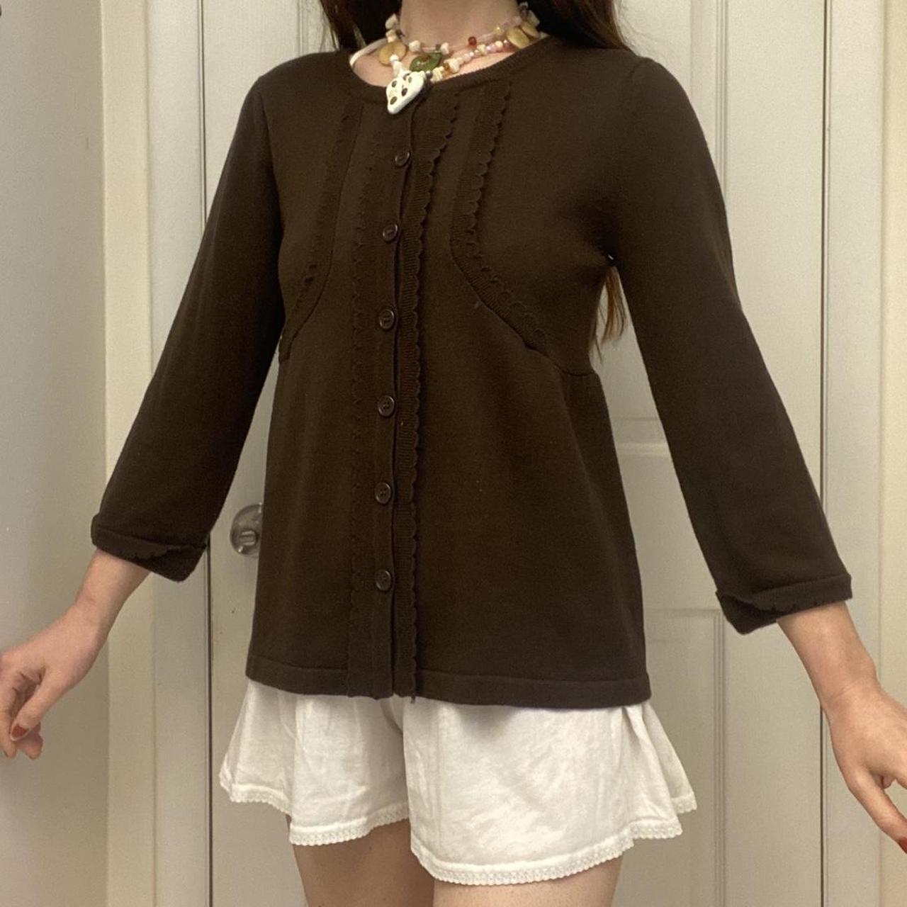 Y2k brown twee button front scalloped sweater -... - Depop