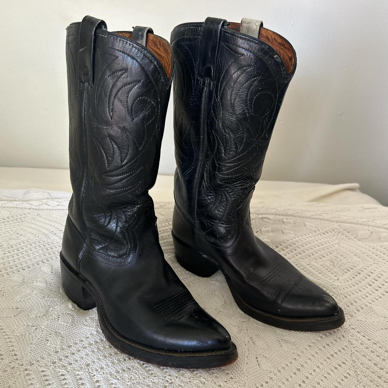 Black leather Acme cowboy boots. The perfect simple... - Depop