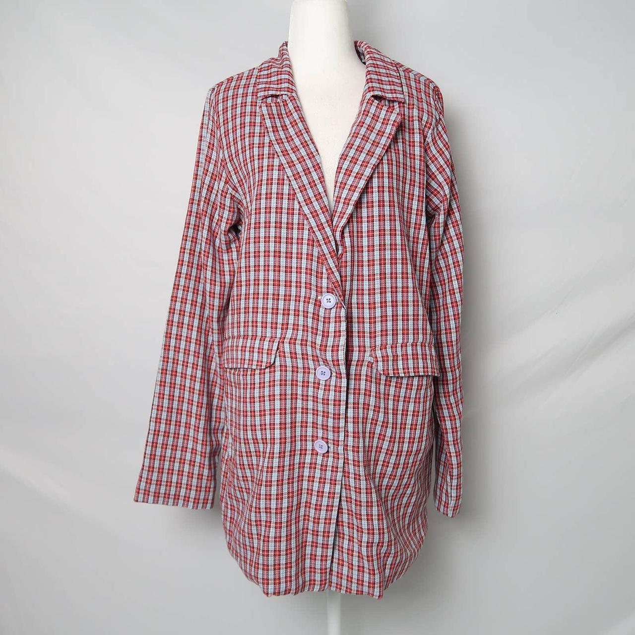 Heartbreak ASOS red and blue plaid longline blazer... - Depop