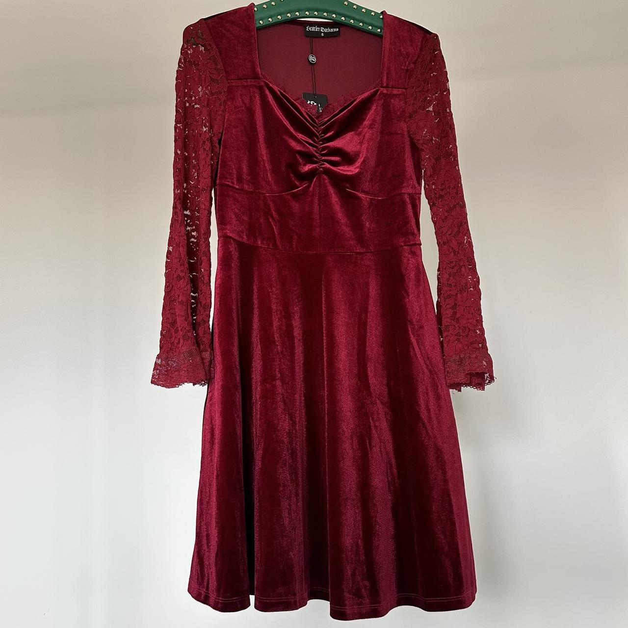 Scarlet darkness red velvet dress with lace sleeves... - Depop