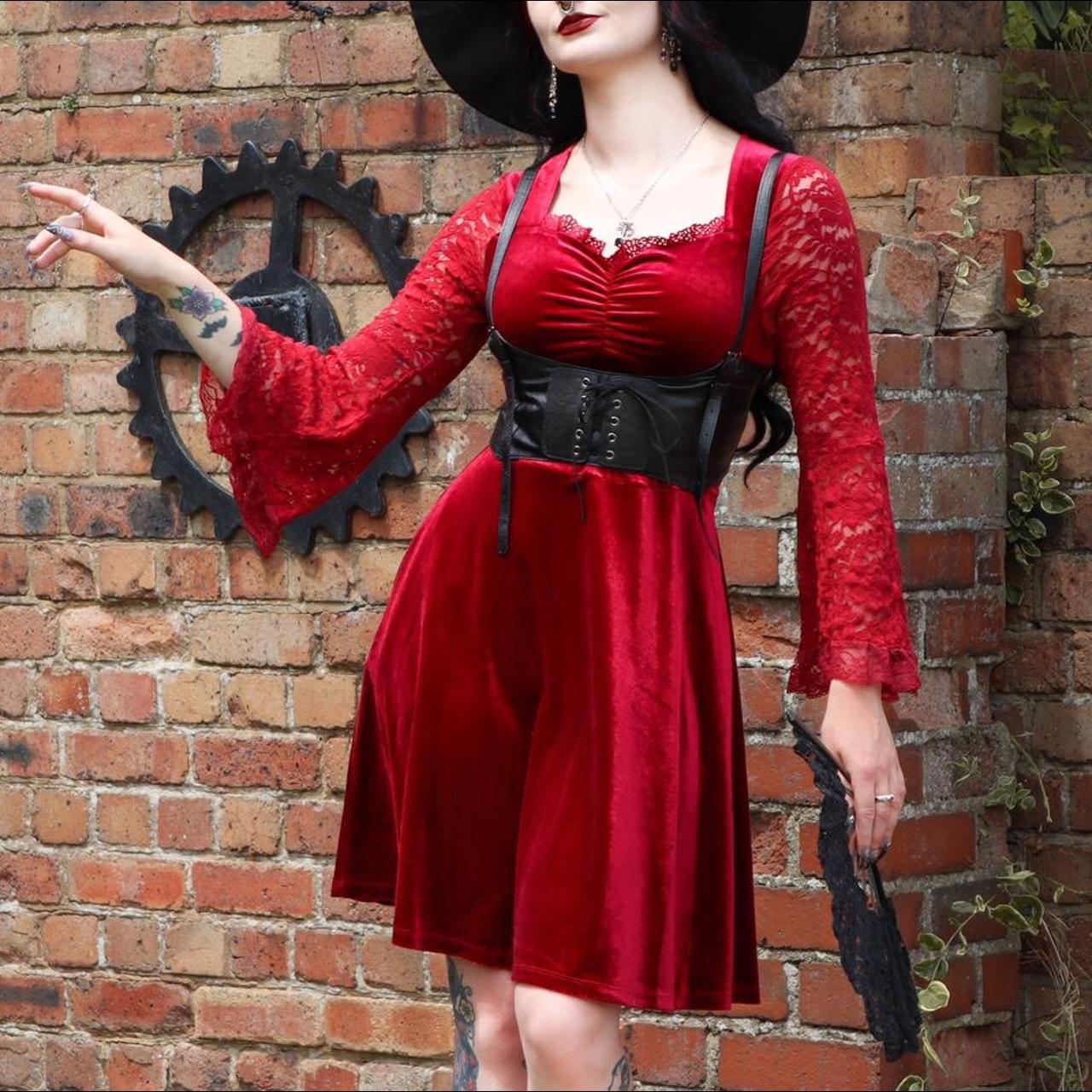 Scarlet darkness red velvet dress with lace sleeves... - Depop