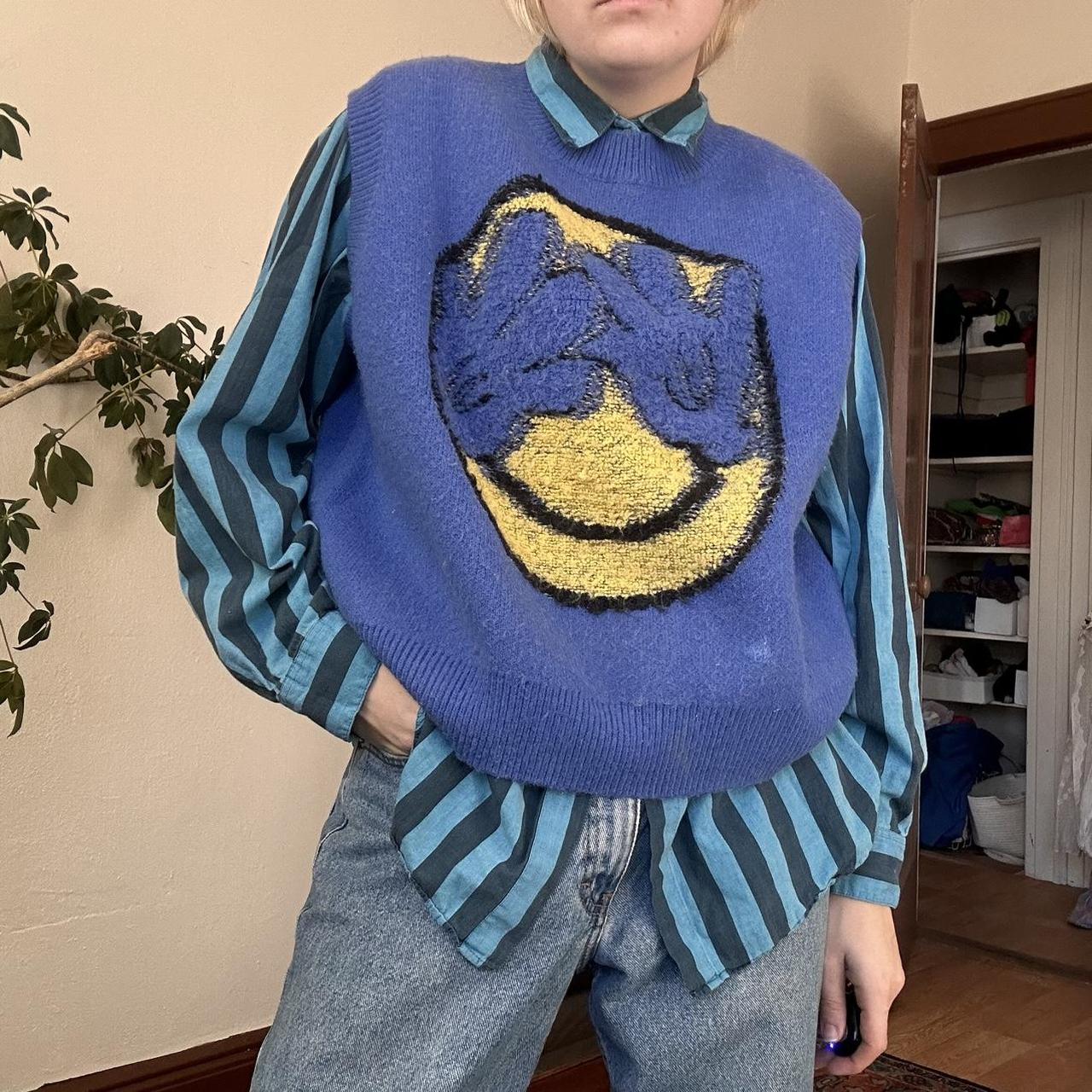 Blue and yellow smiley face sweater vest street... - Depop