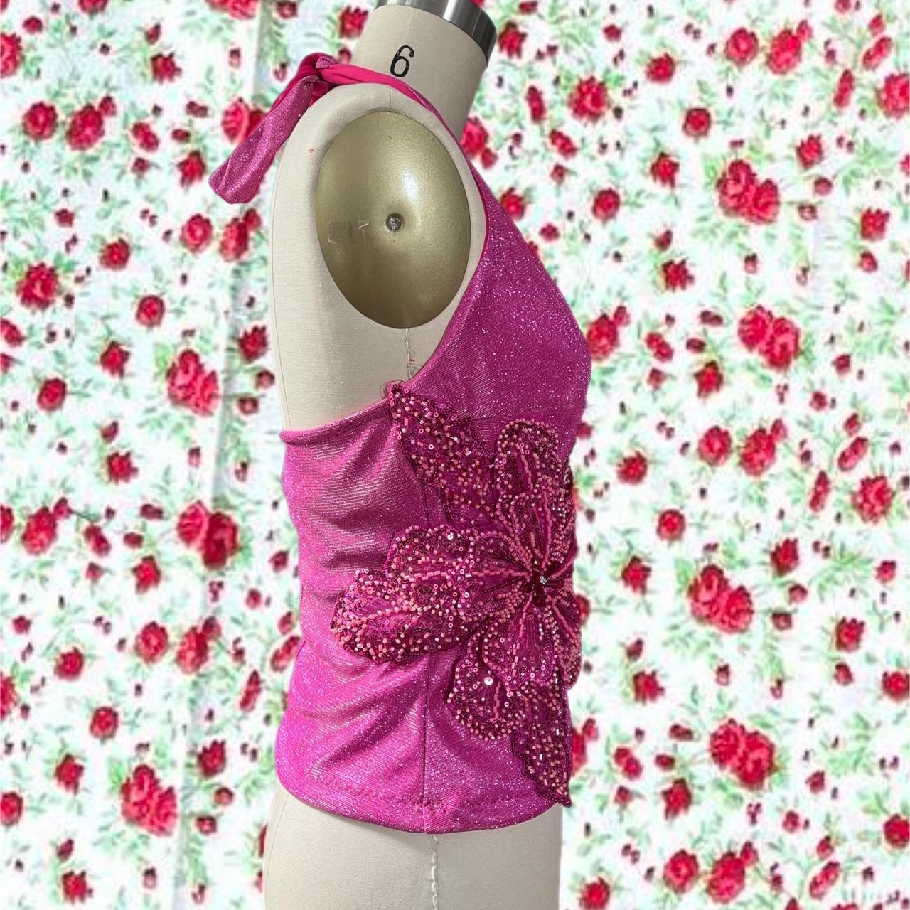 HOT Pink Sparkly halter top with beaded flower 🩷 one... | Depop