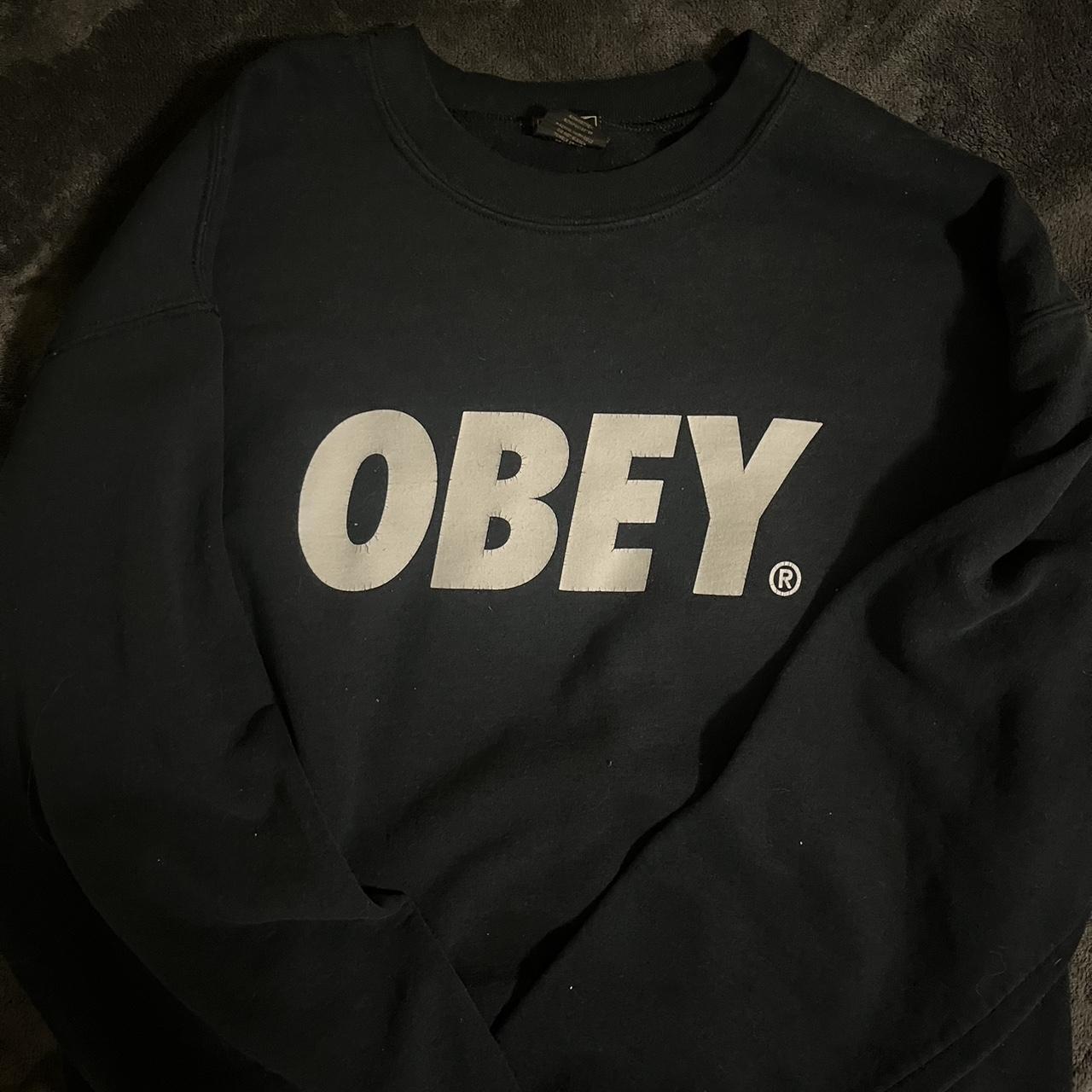 -obey navy blue crew neck hoodie - super baggy -... - Depop