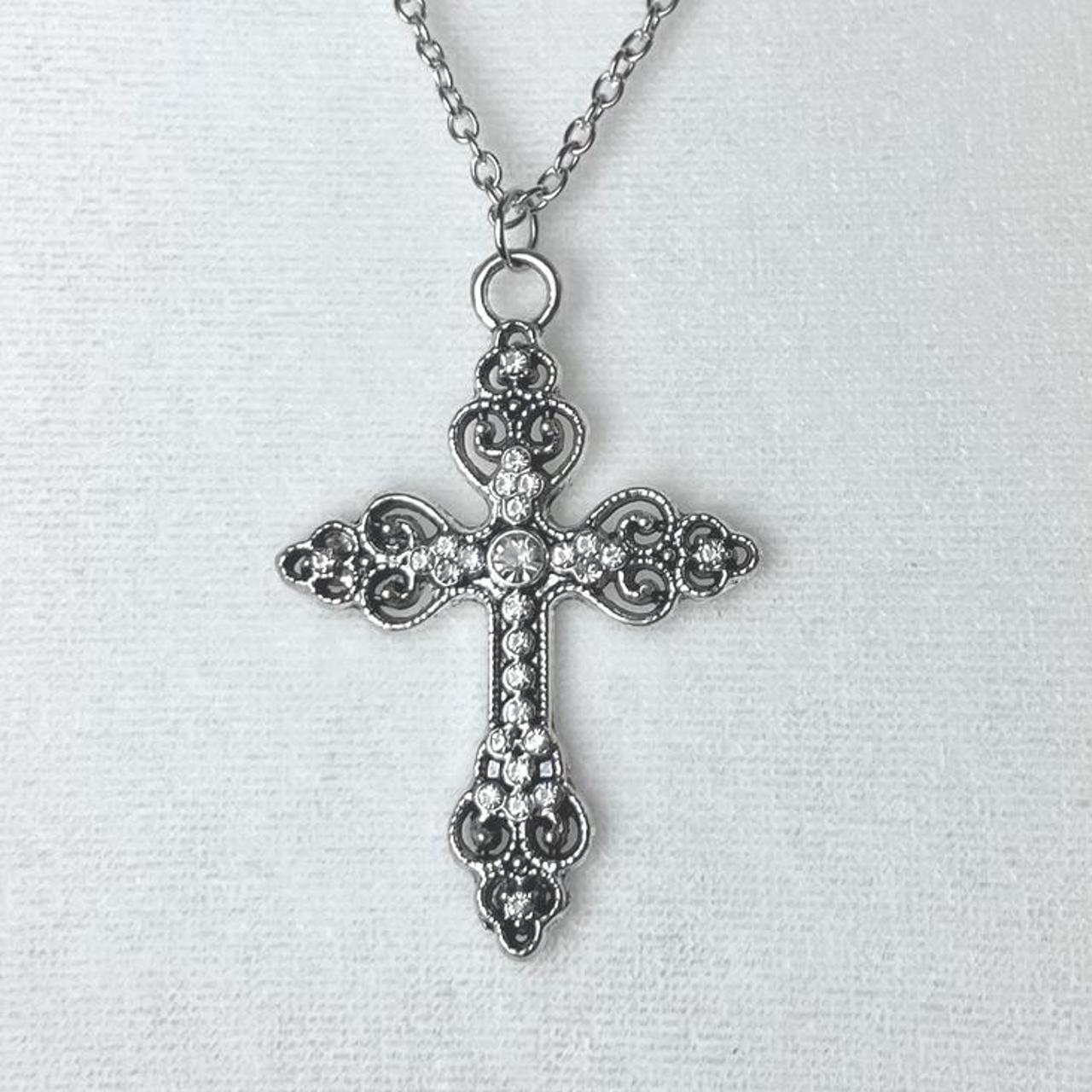 Silver Rhinestone Cross Necklace Handmade by... - Depop