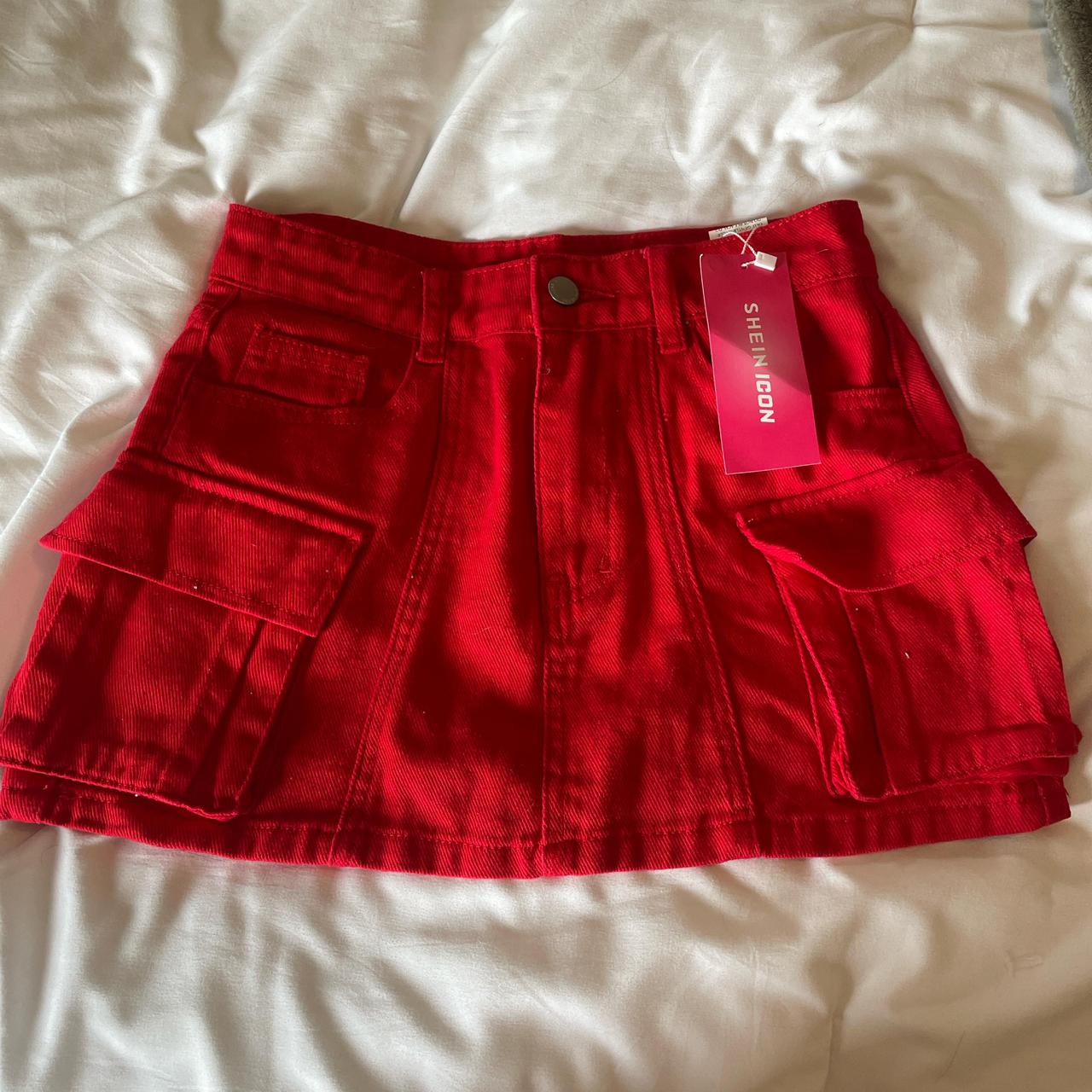 SHEIN red denim skirt size 26 in jeans - Depop