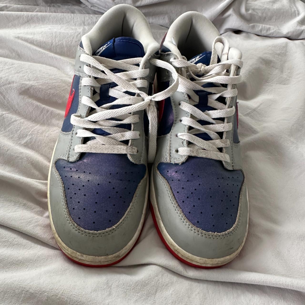 Grey, red and blue Nike dunks - Depop