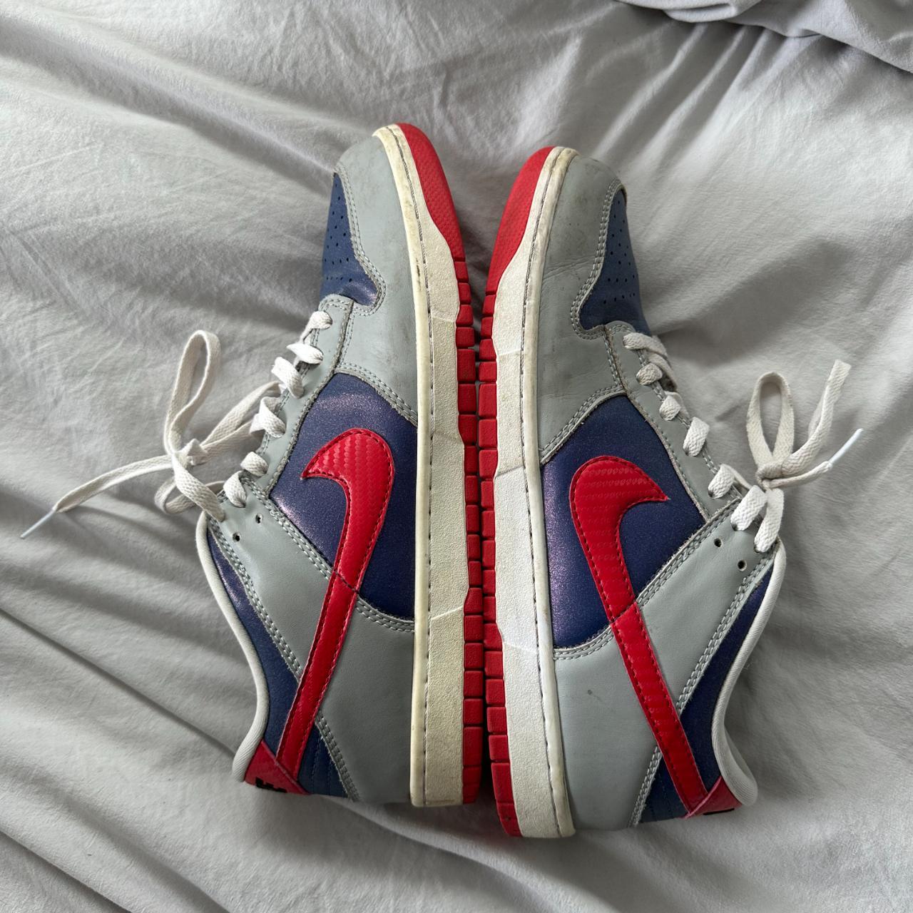 Grey, red and blue Nike dunks - Depop