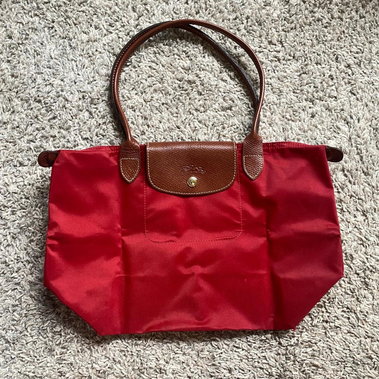 Longchamp Small red long champ tote with brown... - Depop