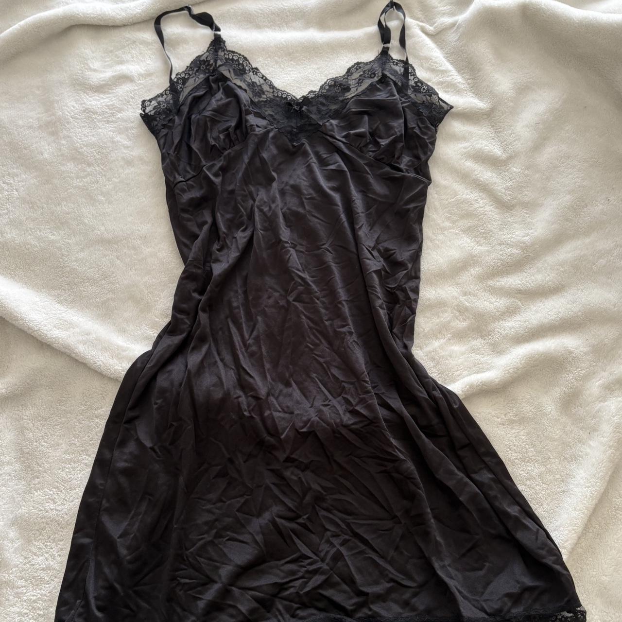 silk black slip dress w/ lace & bow detailing size:... - Depop