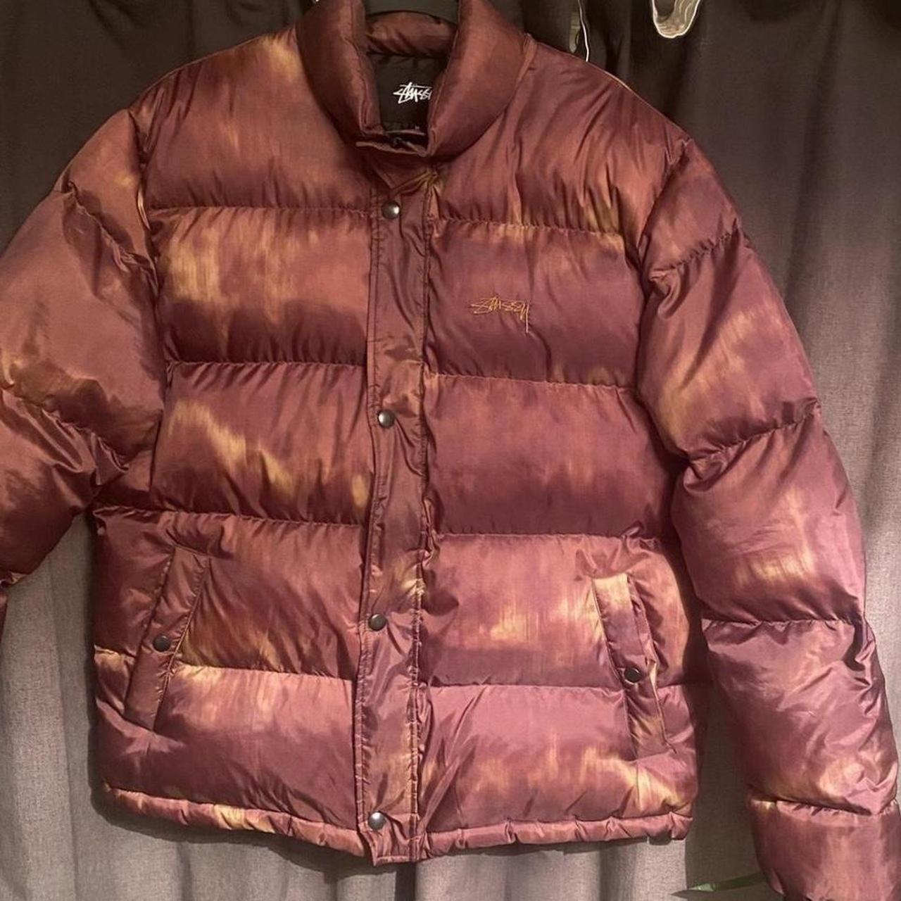 Burgundy Stüssy down puffer jacket orange/brown Only... | Depop