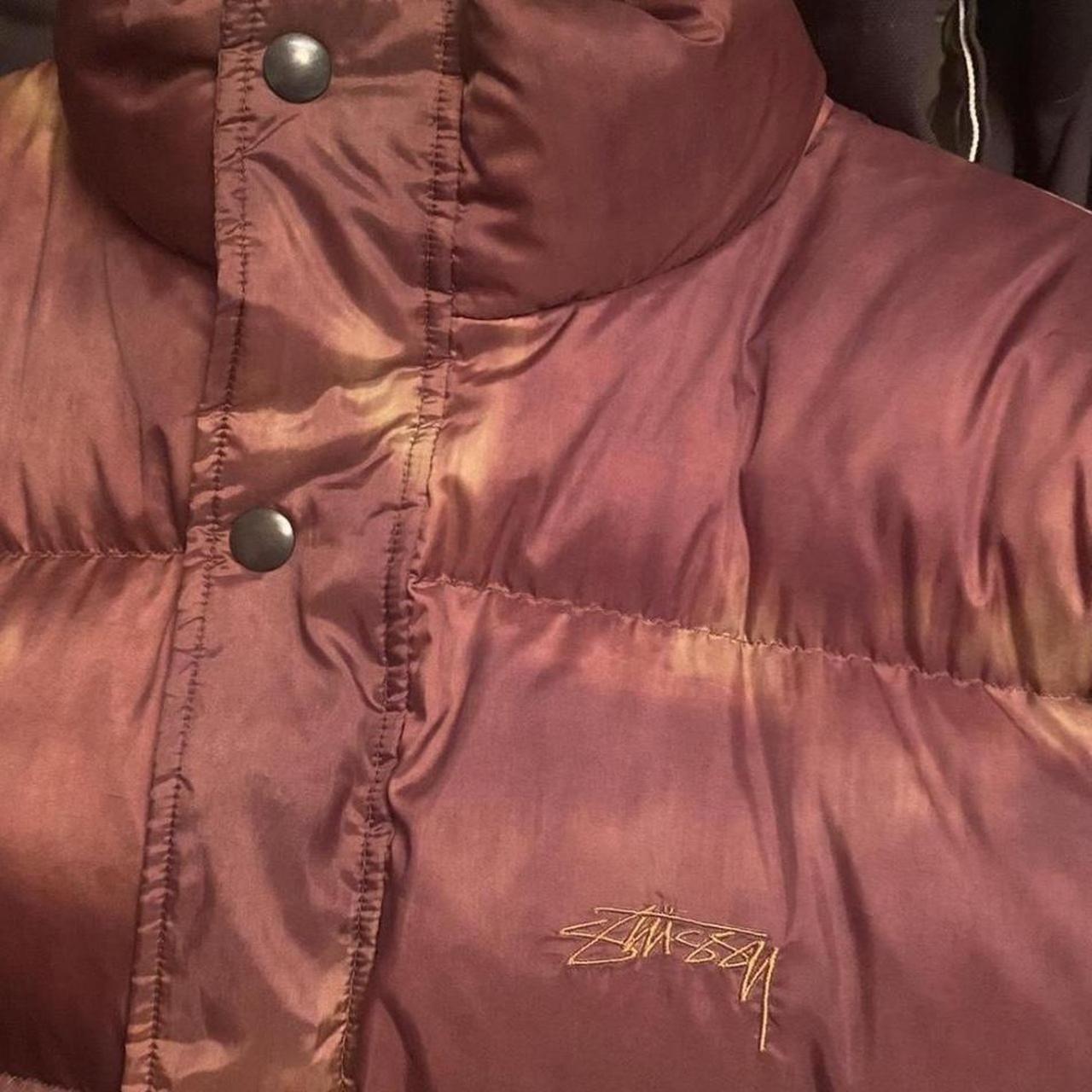 Burgundy Stüssy down puffer jacket orange/brown Only... | Depop