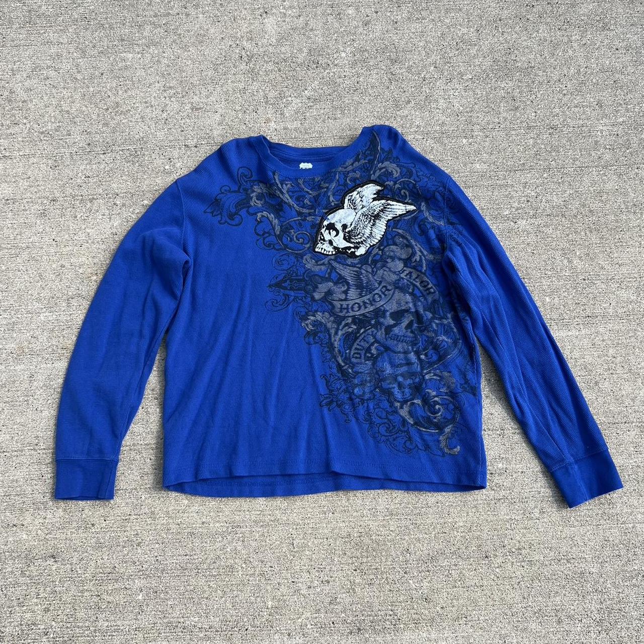 Y2k Route 66 Flying Skull Thermal Grunge Print Size... - Depop