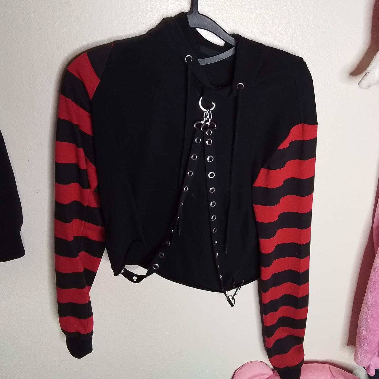 Hot Topic cropped hoodie with red striped sleeves... - Depop