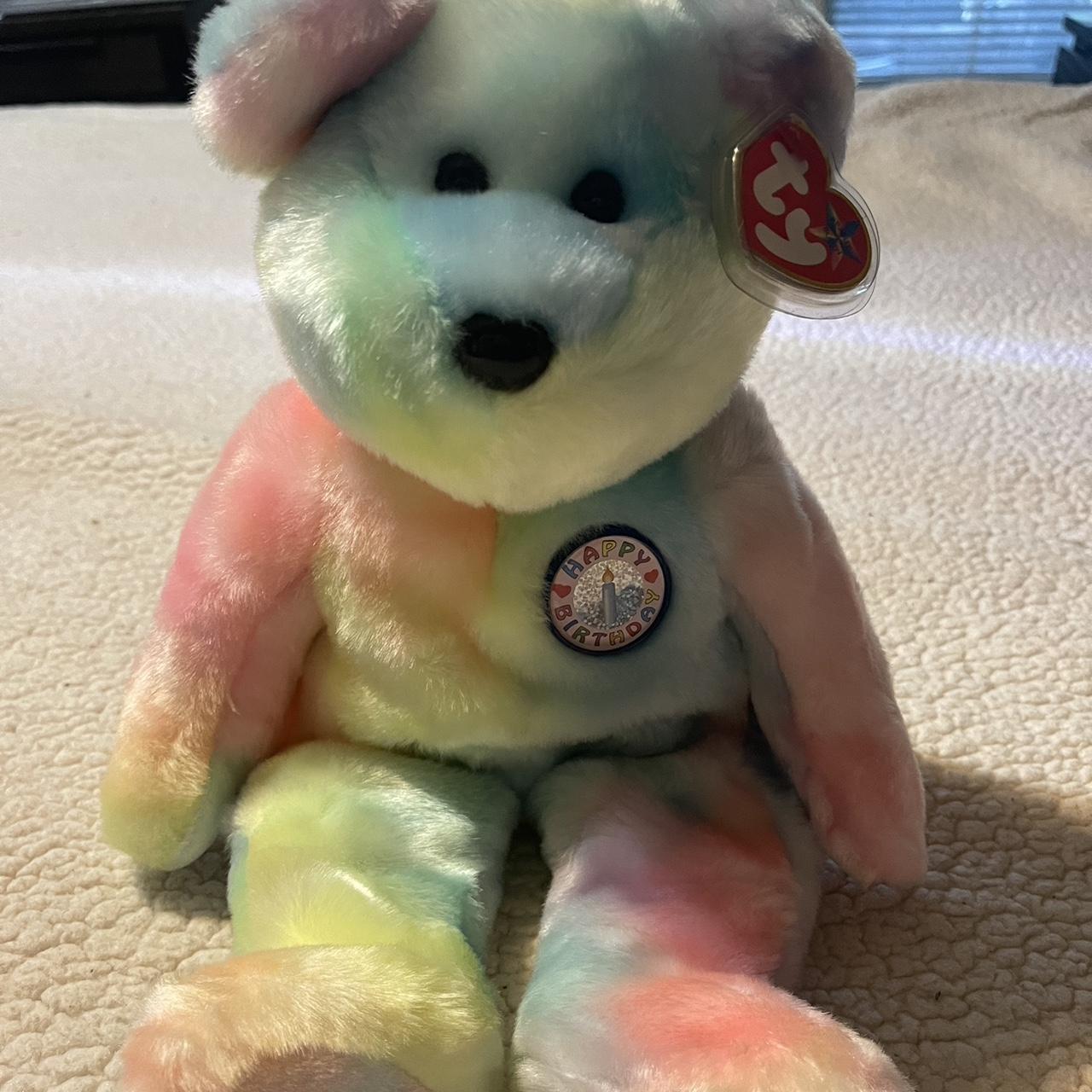 Ty Beanie Buddy Birthday Bear Tye Dye 2000 Taken... - Depop