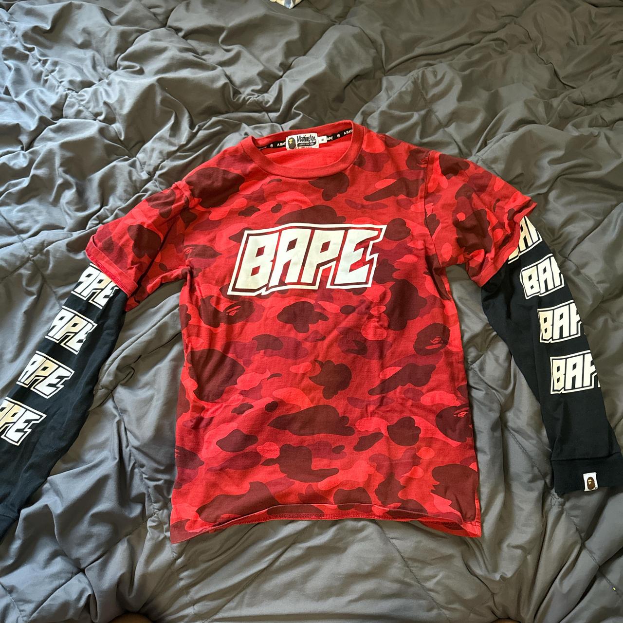 Bape Red Color Camo Bape Layered L/S Tee Size:... - Depop