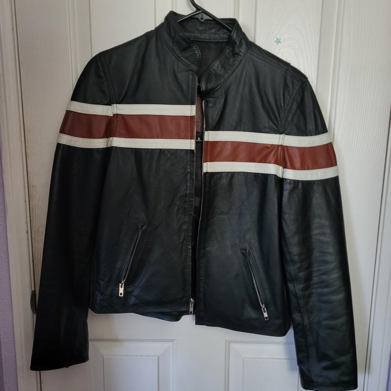 Small black real leather jacket with red and white... - Depop