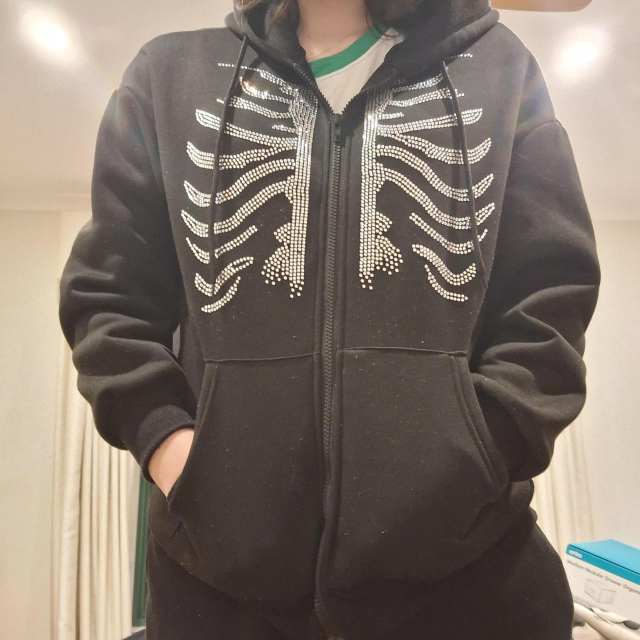 Rhinestone skeleton oversized zip up hoodie... - Depop