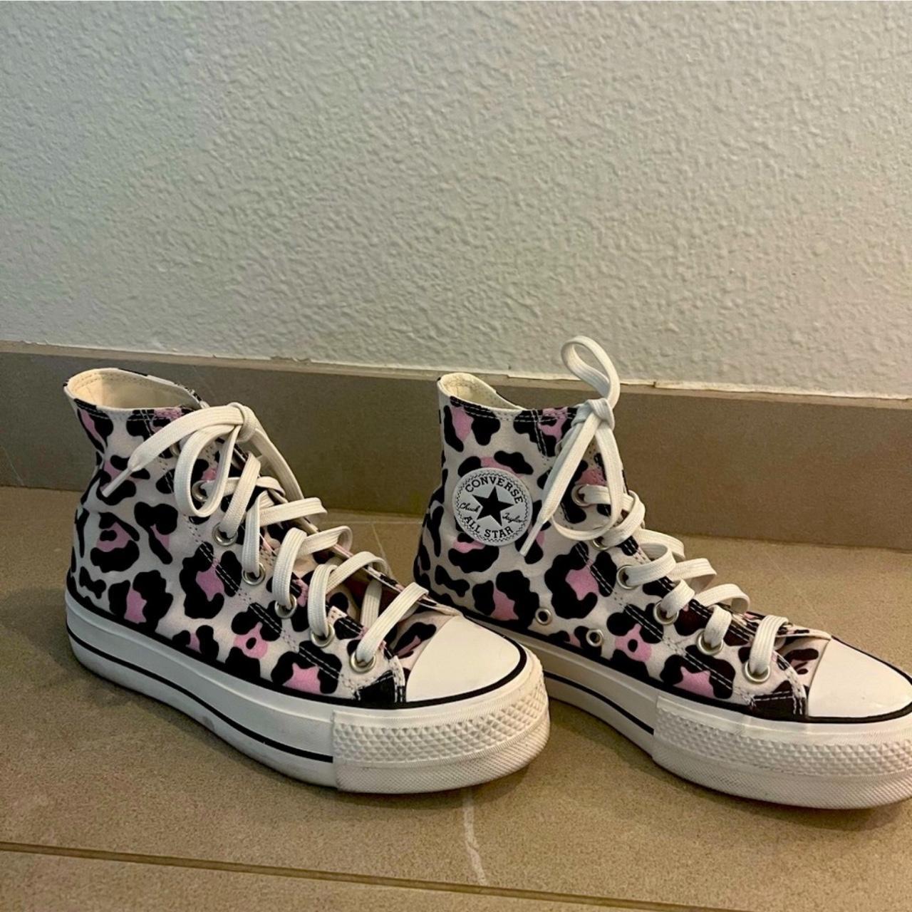 Pink leopard platform high top converse, worn once - Depop