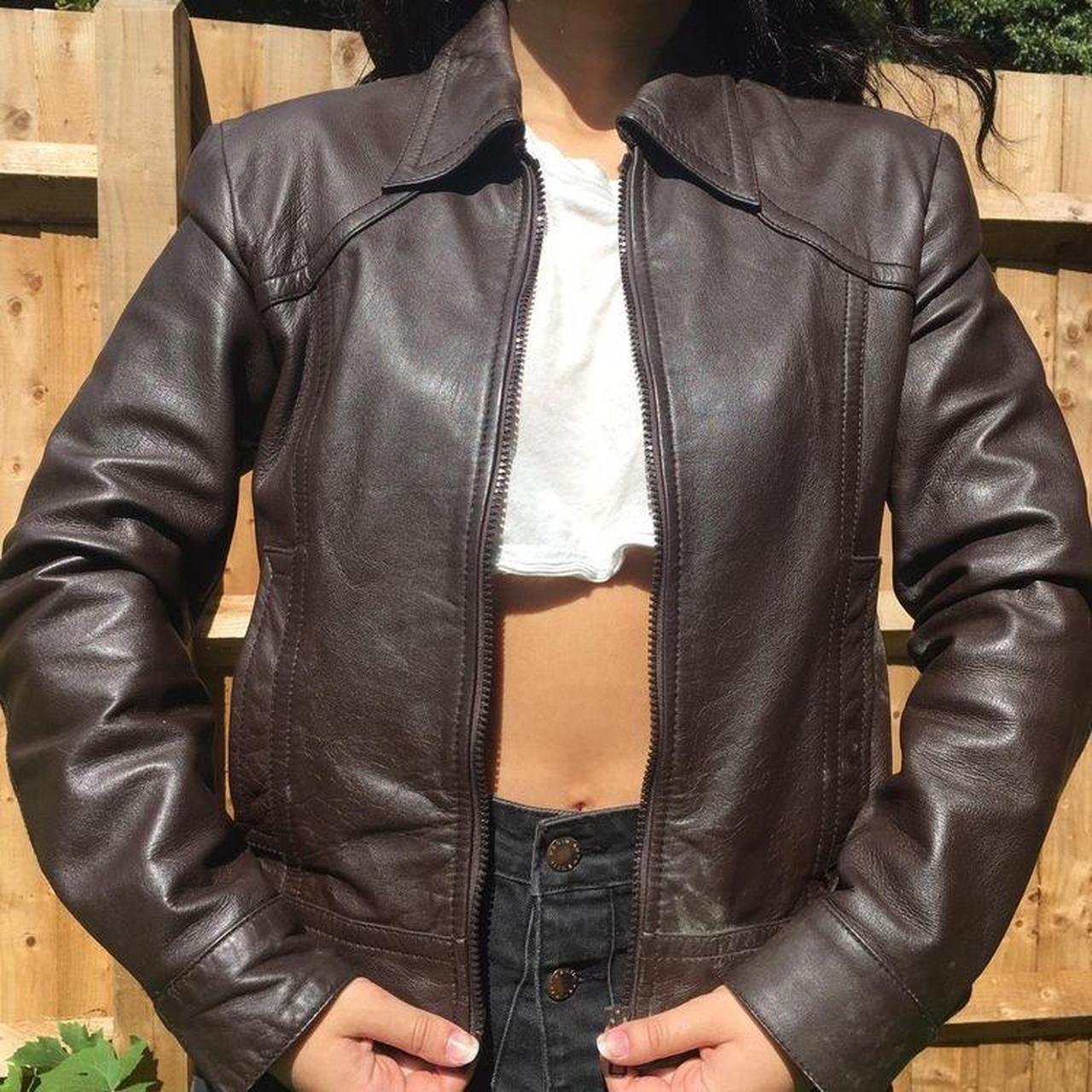 Chocolate Brown Mango leather jacket UK Medium (size... - Depop
