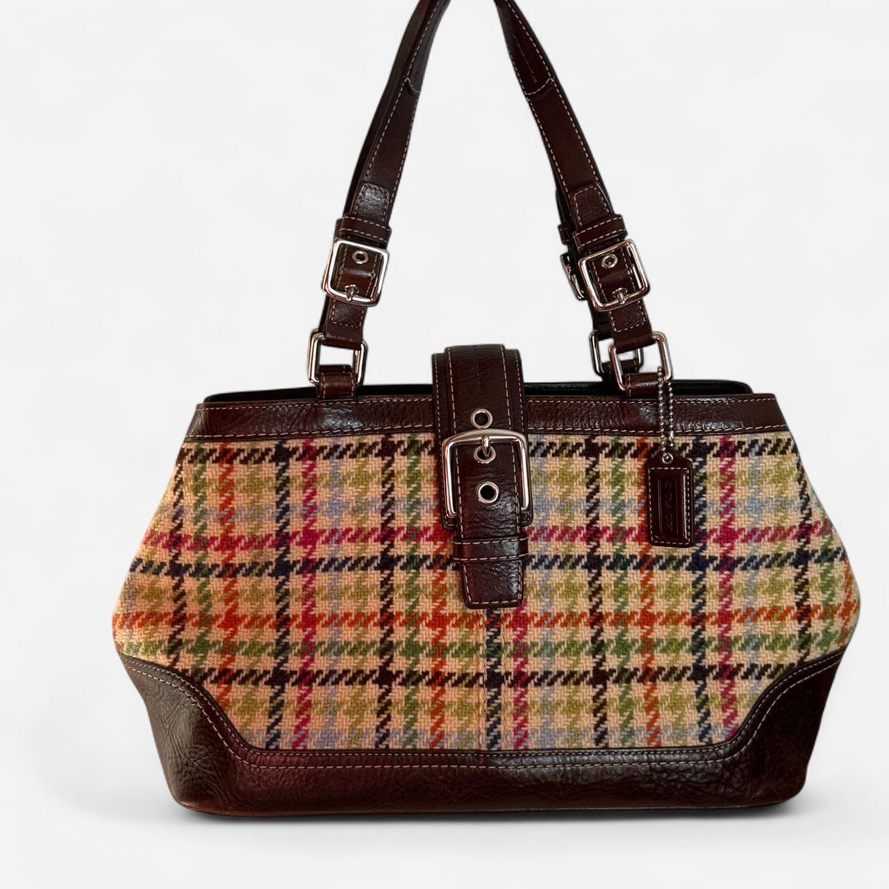 Vintage Coach brown leather houndstooth shoulder bag... | Depop