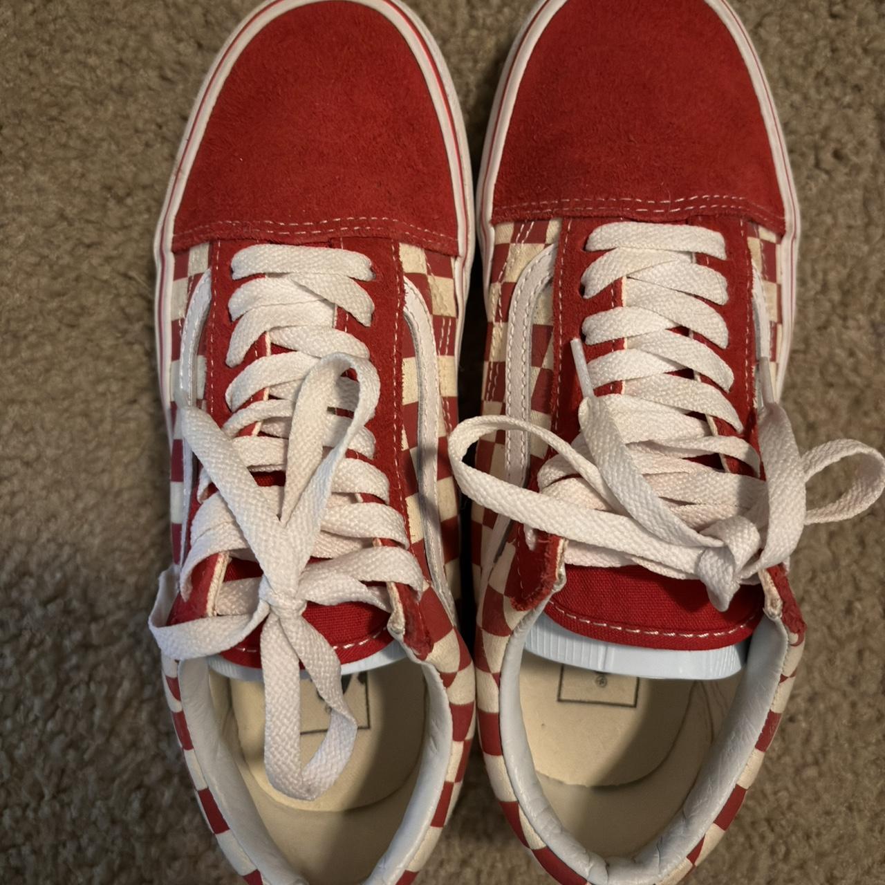 Red and white Vans size 8 in women - Depop