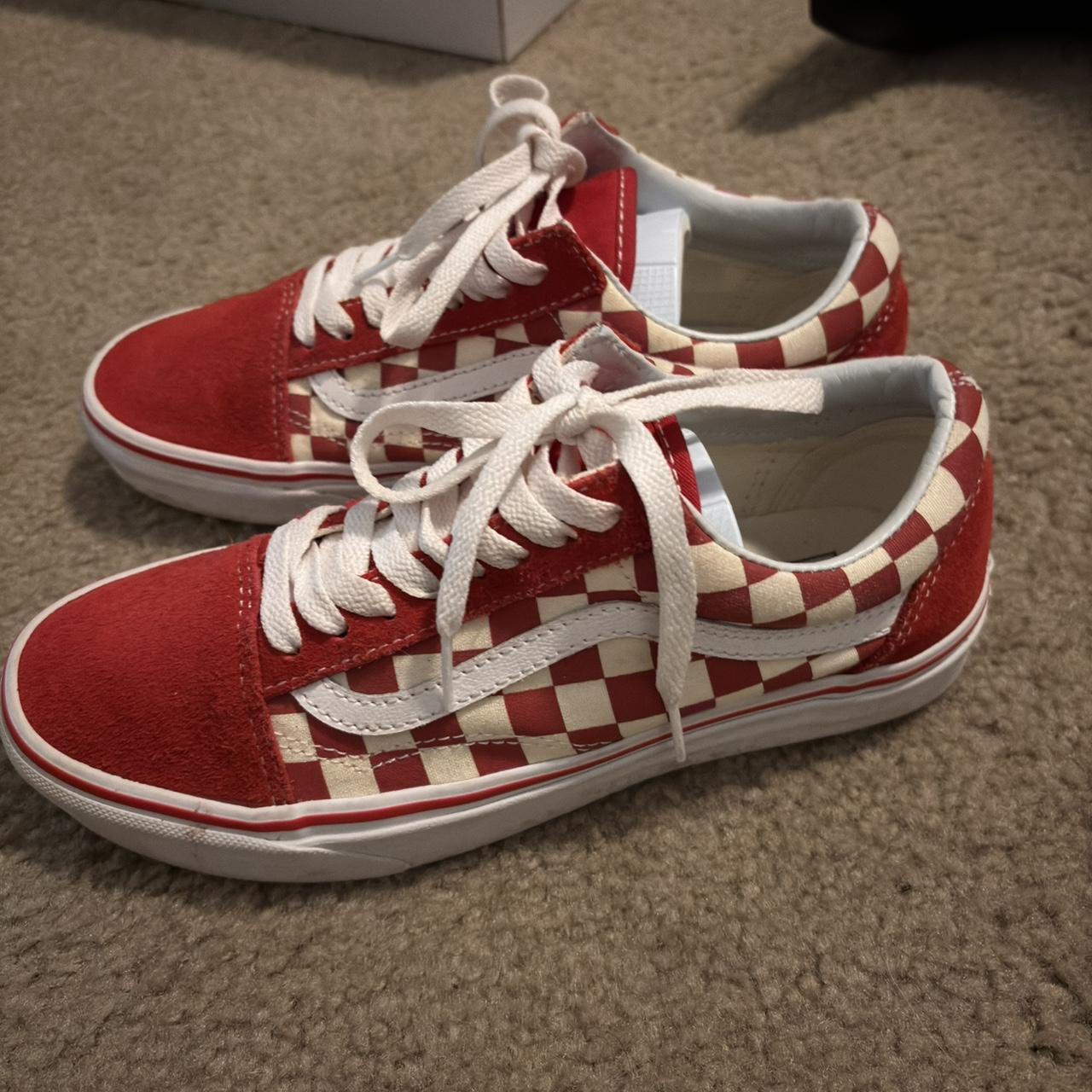 Red and white Vans size 8 in women - Depop