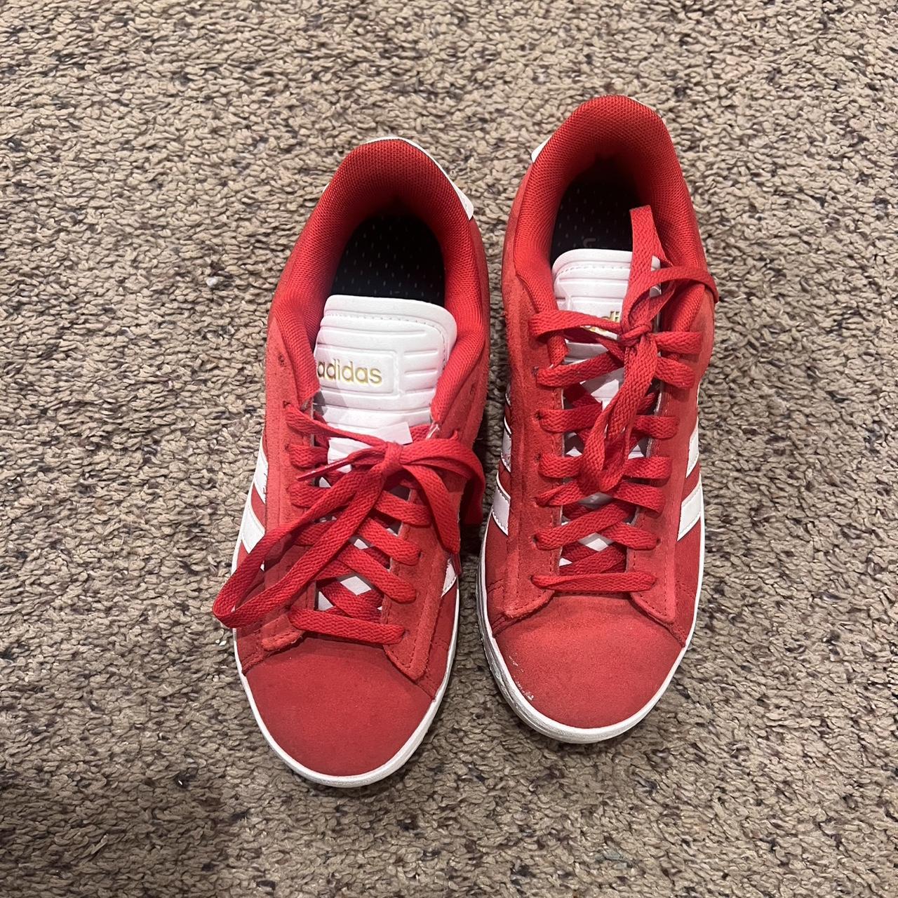 Red and white Adidas Campus trainers Great condition... - Depop
