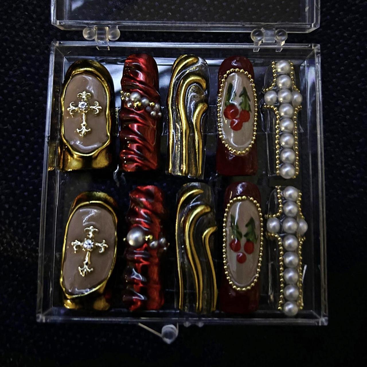 Medium Long Square Catholic Inspired Gold N Red... - Depop