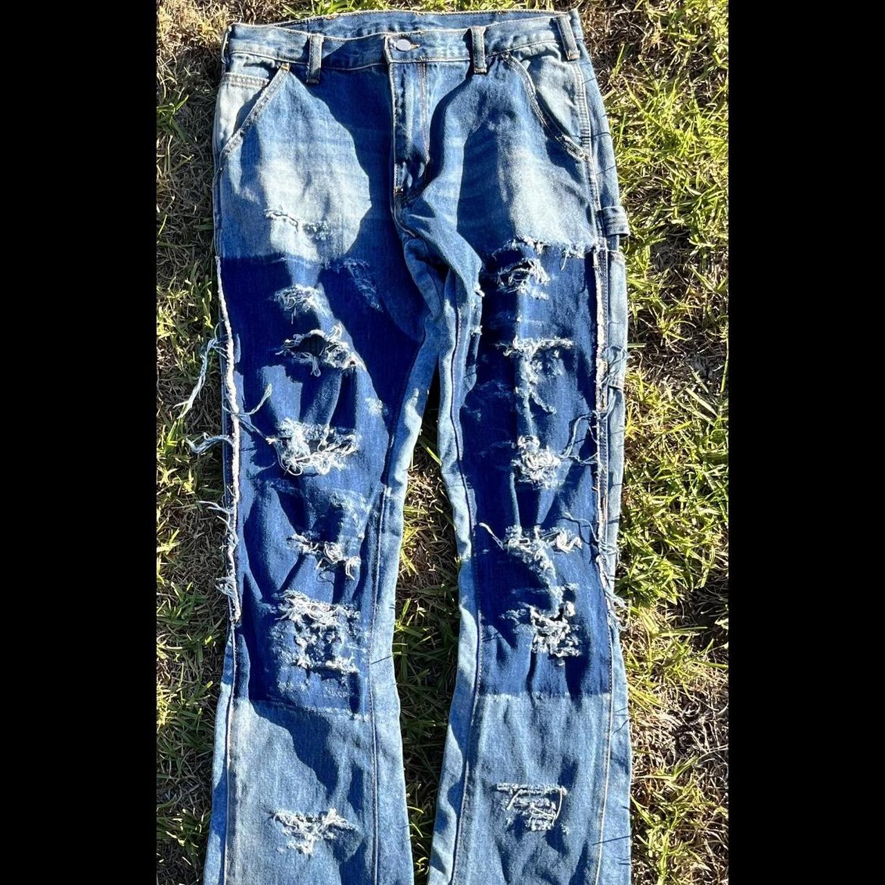 Custom Distressed denim flare patch jeans ! Fits... - Depop