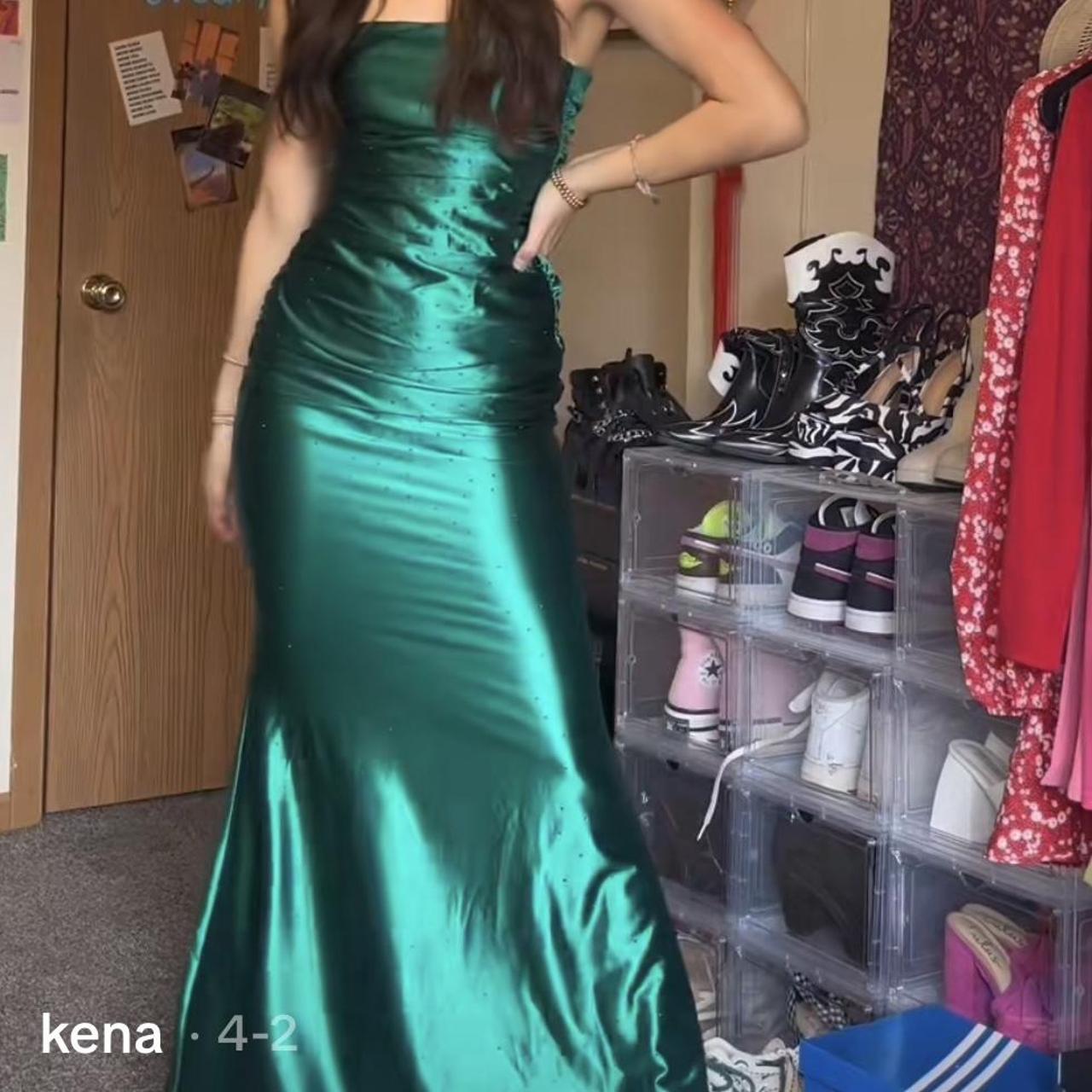 beautiful deep green satin w/ gems prom dress from... - Depop