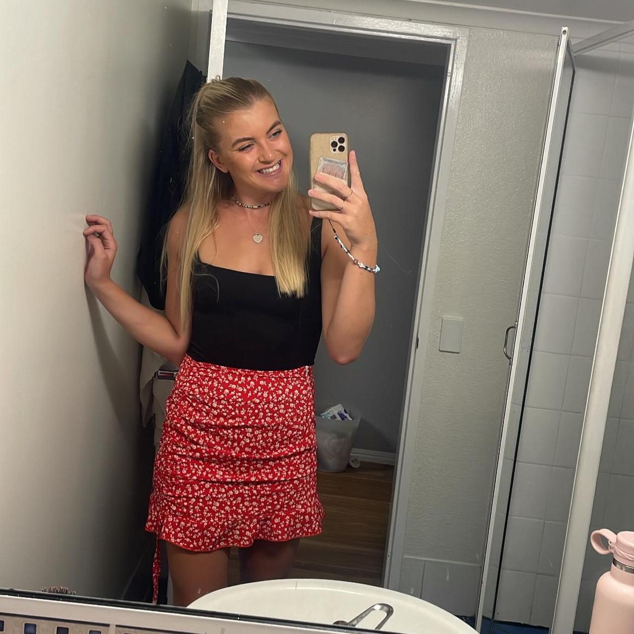 SHEIN red and white skirt worn twice! Size medium - Depop